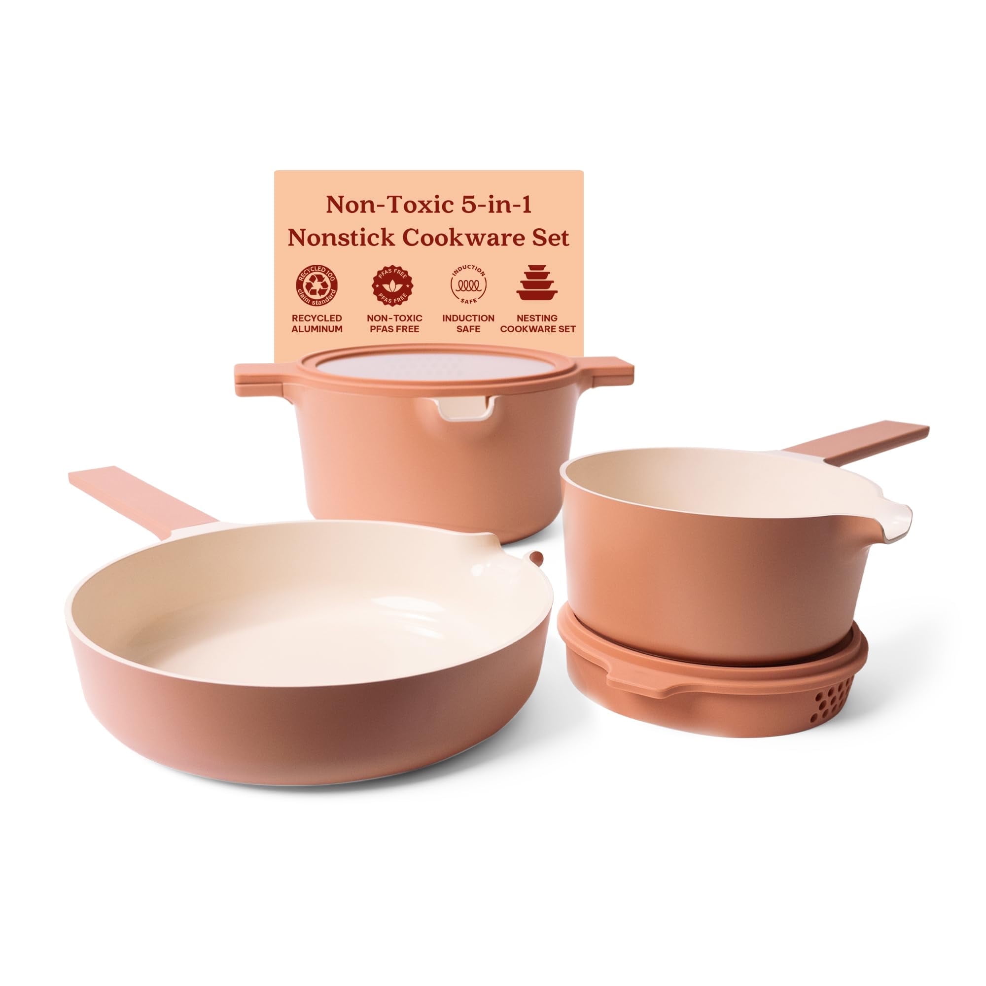 Alva Neat 5-in-1 Peach Ceramic Nonstick Cookware Nesting Set, Recycled ...