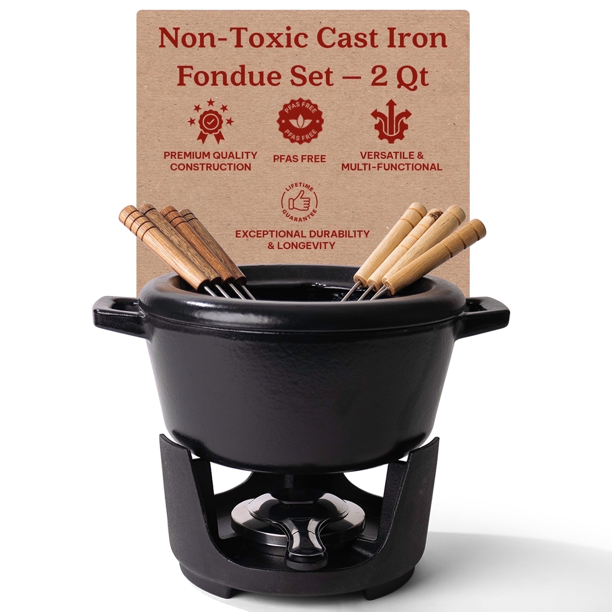 Alva Nori 2QT Enameled Cast Iron Fondue Set w/ 8 Wooden Forks Flame ...