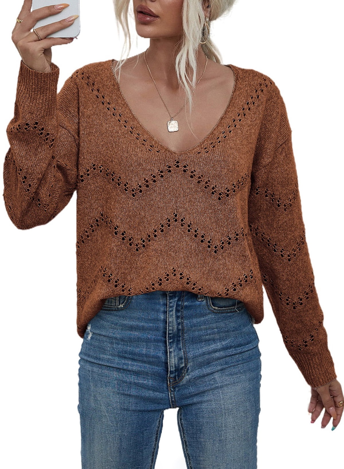 AlvaQ V Neck Sweater for Women Casual Long Sleeve Oversized Knit ...