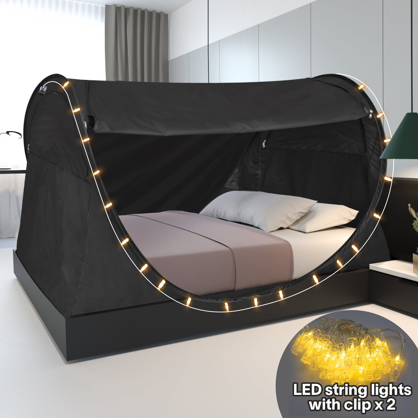 Alvantor Pop Up Bed Tent with LED String Light, Instant Privacy Canopy ...