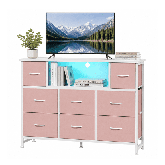 10-Drawer Fabric TV Stand with LED Lights & Charging Station – Wood Top ...
