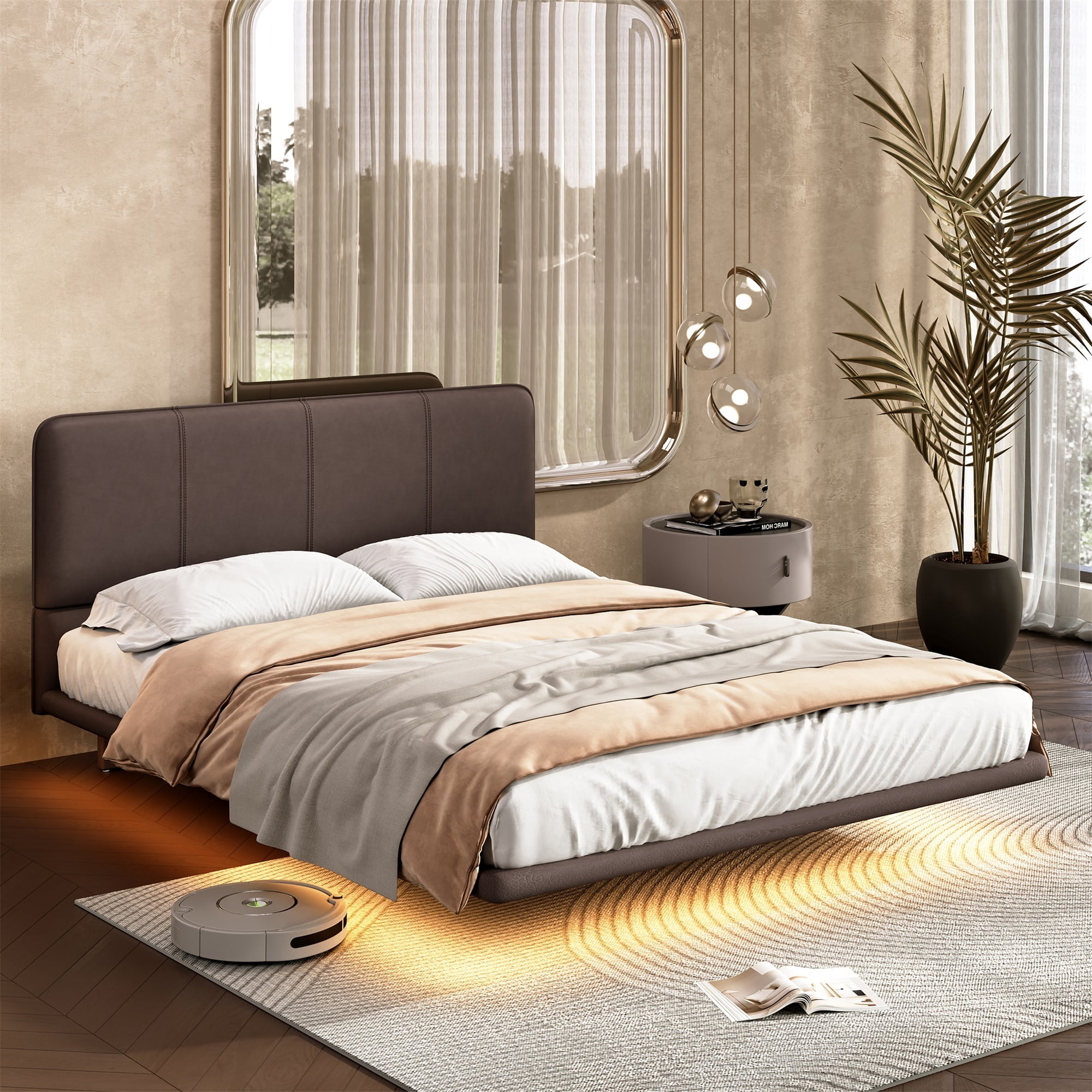 Alvantor Full Size Floating Bed Frame with LED Lights, Upholstered ...