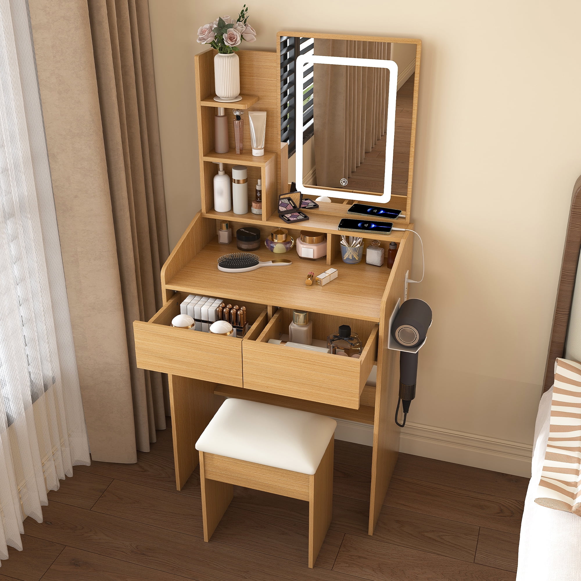 Alvantor Makeup Vanity Desk Set with Mirror & LED Lights, Built-in ...