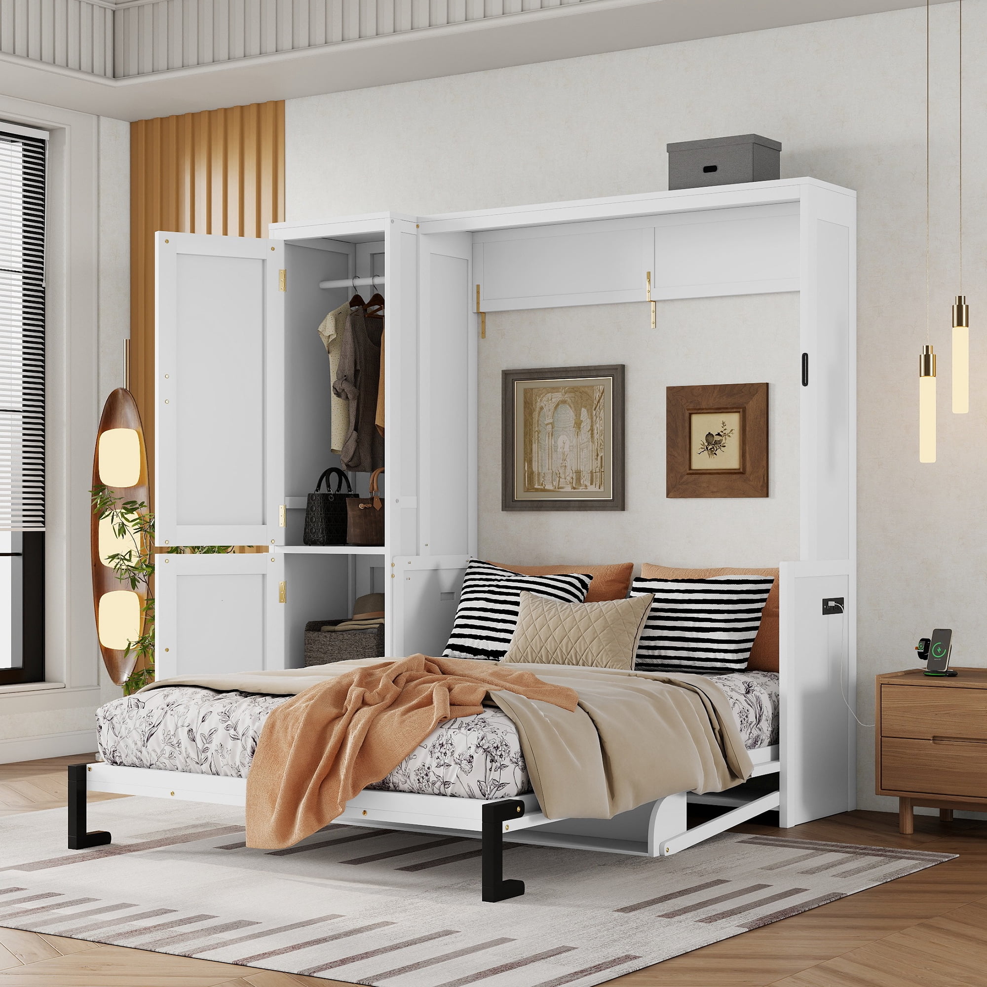 Alvantor Queen Murphy Bed with Wardrobe, Wall Bed Cabinet with Desk and ...