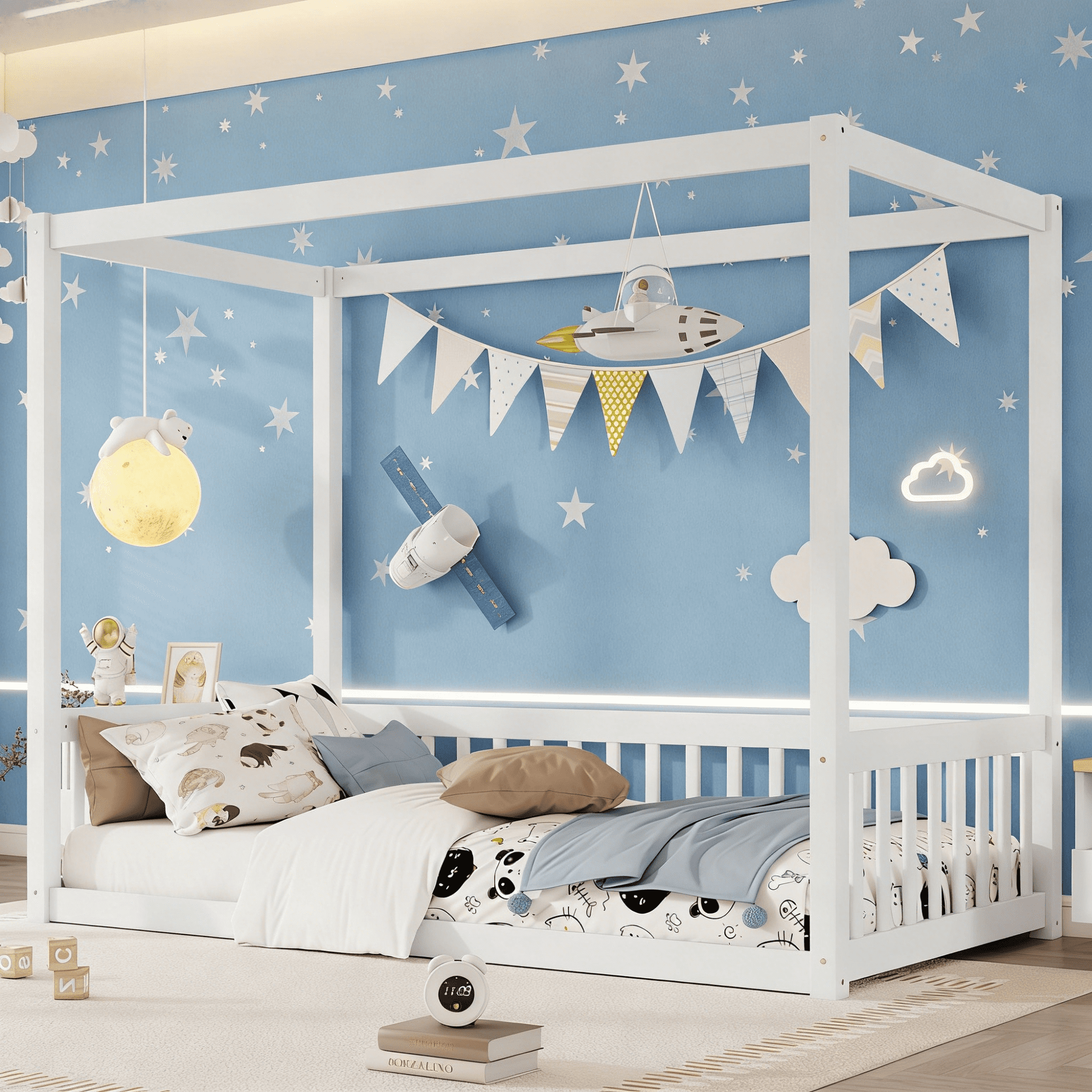 Alvantor Twin Size Floor Bed with Canopy Fence Guardrails for Kids ...