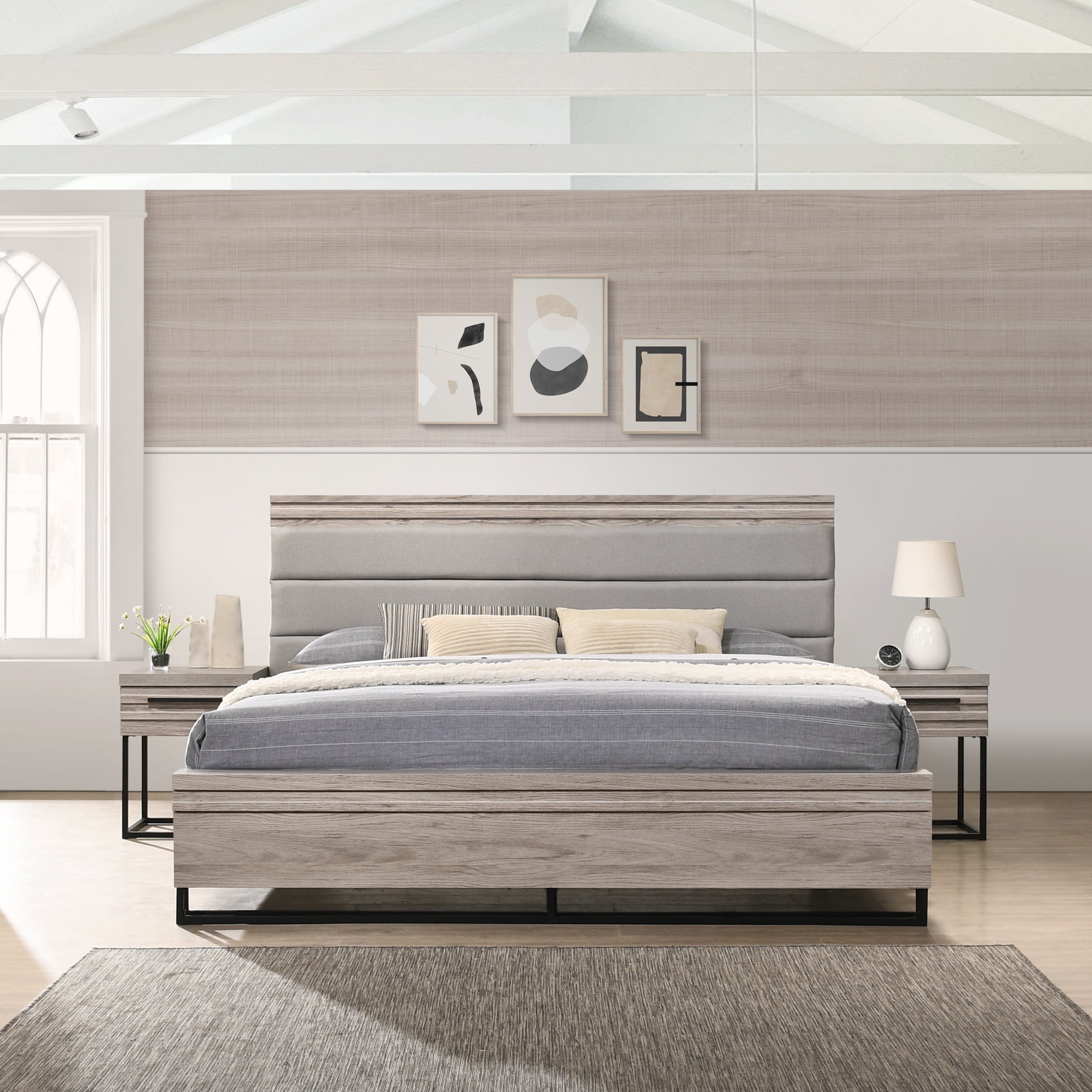 Alvear 3-Piece Upholstered Wood Bedroom Set, King Size Panel Bed and ...