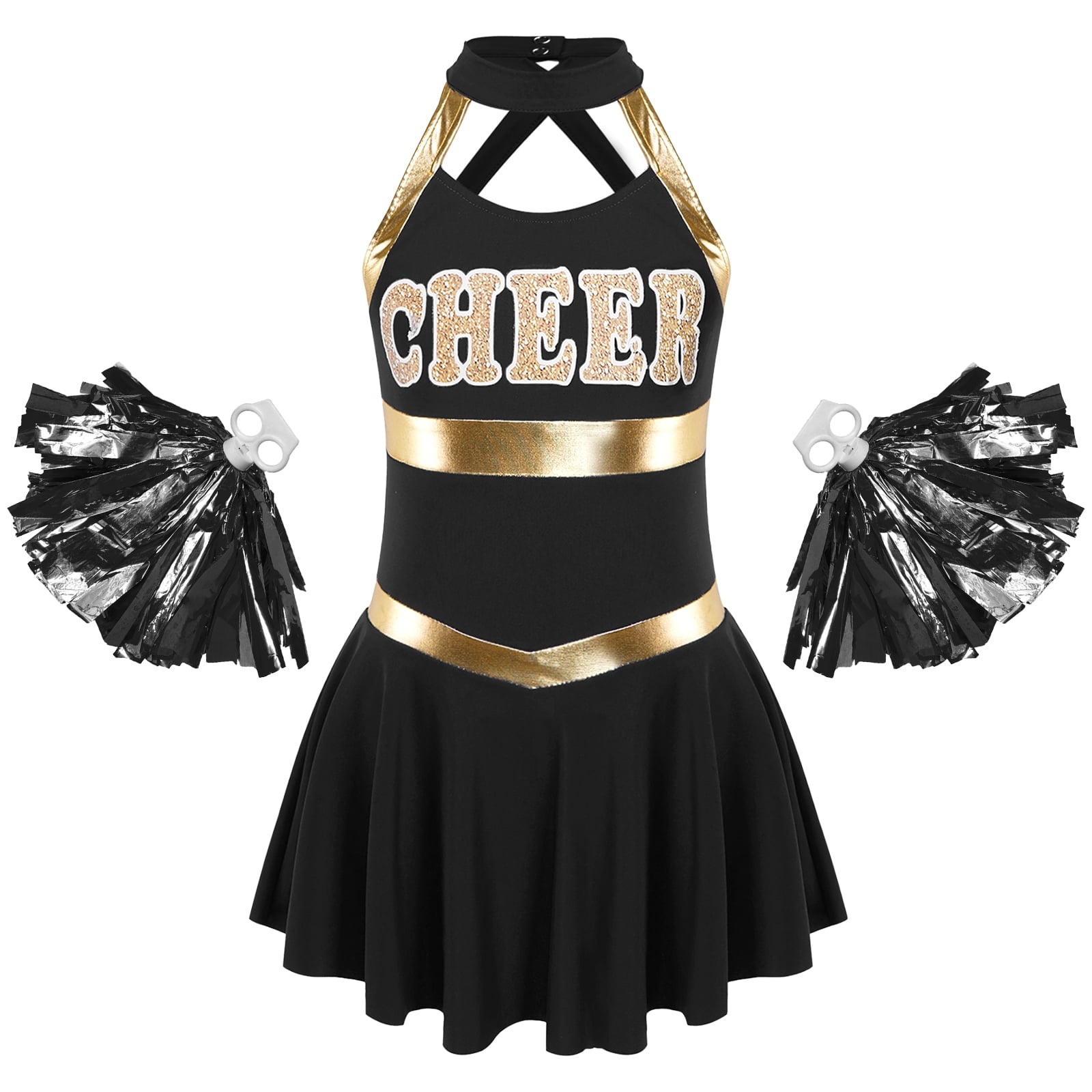 Alvivi Cheer Leader Costume for Girls High School Cheerleading Uniform Outfit Dress with Pom ...
