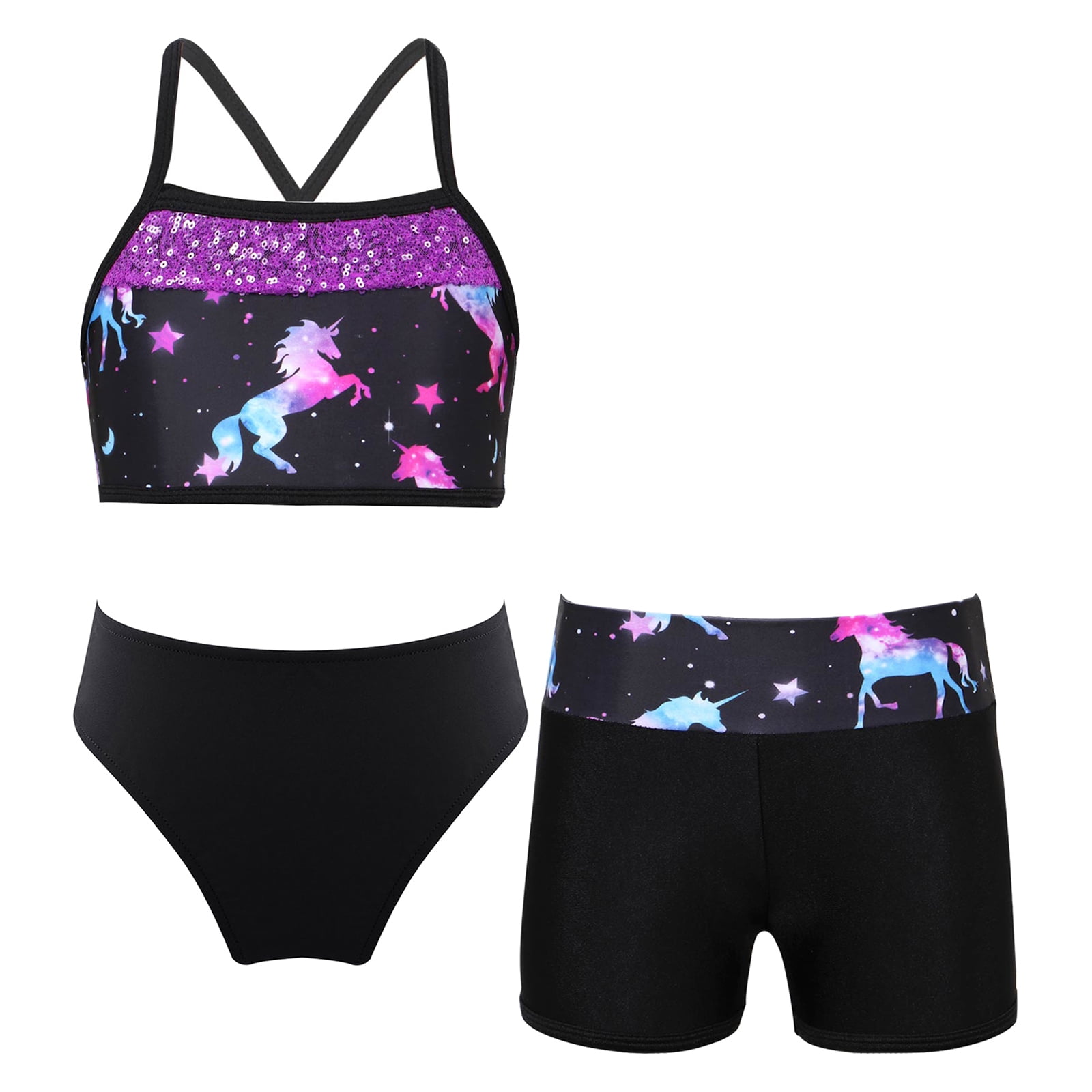 Alvivi Girls 3 Piece Swimsuits Sport Crop Top Bottoms Floral Printed ...