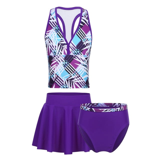 Alvivi Girls 3pcs Tankini Digital Printed Swimsuit Vest Tops Bottoms