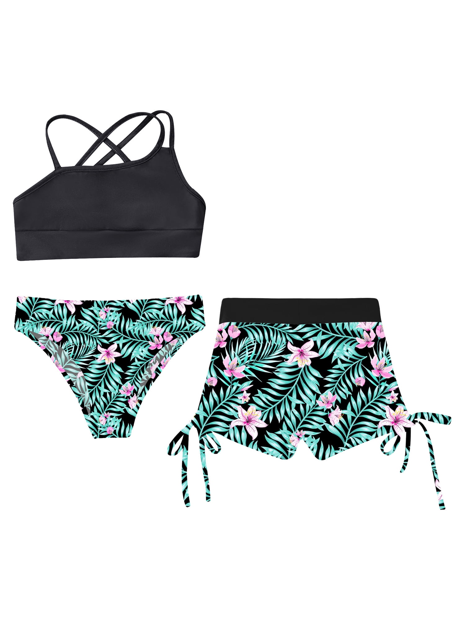 Alvivi Girls Floral Printed Bathing Suit Swimsuits 3 Piece Sports Crop ...