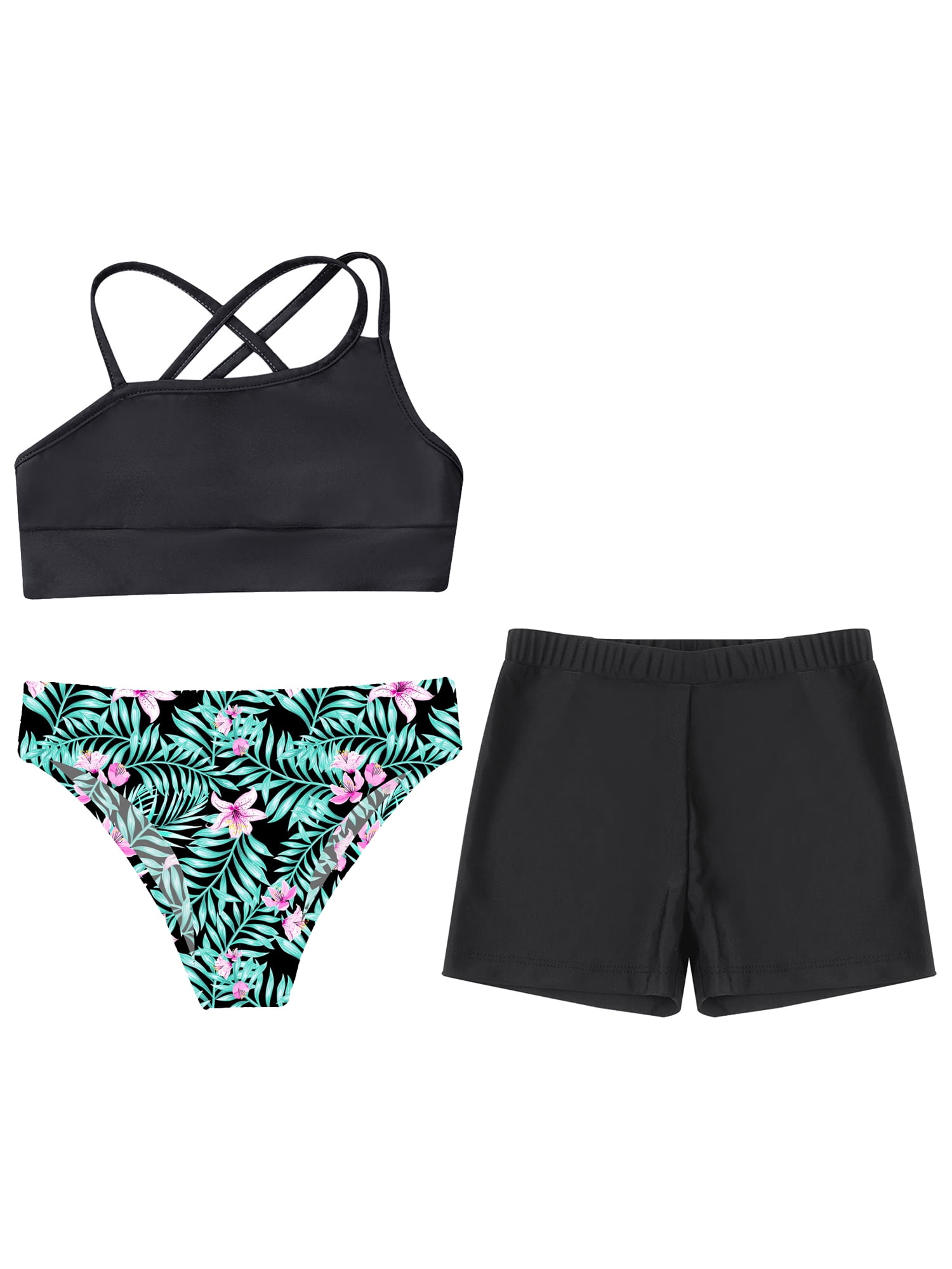 Alvivi Girls Floral Printed Bathing Suit Swimsuits 3 Piece Sports Crop ...