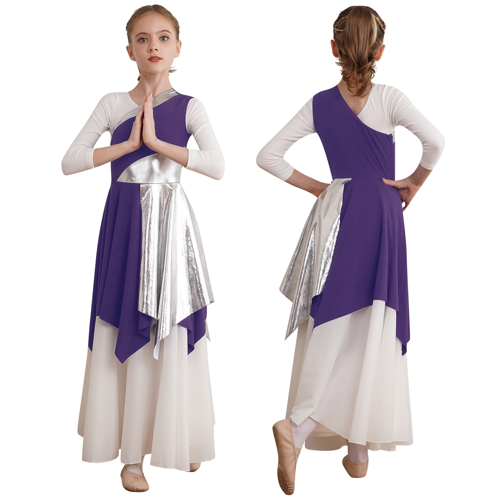 Alvivi Girls Metallic Color Block Liturgical Praise Dance Dress Worship ...
