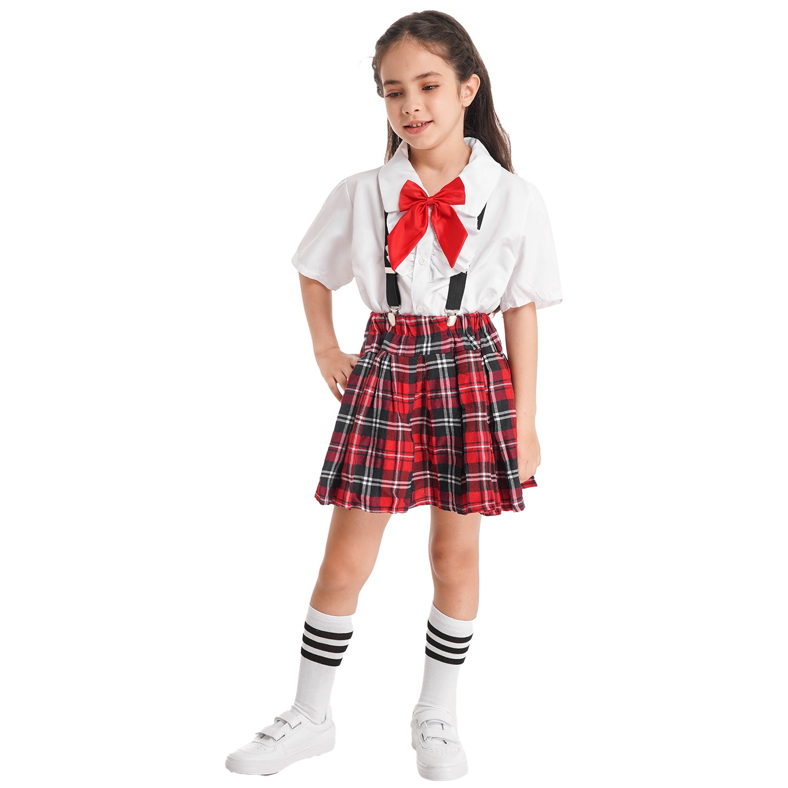 Alvivi Girls School Uniform Short Sleeve Shirt Plaid A-line Skirt with ...