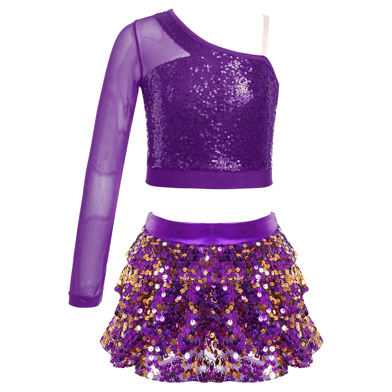 Alvivi Girls Sequins Long Sleeve One Shoulder Latin Jazz Dance Crop Top ...