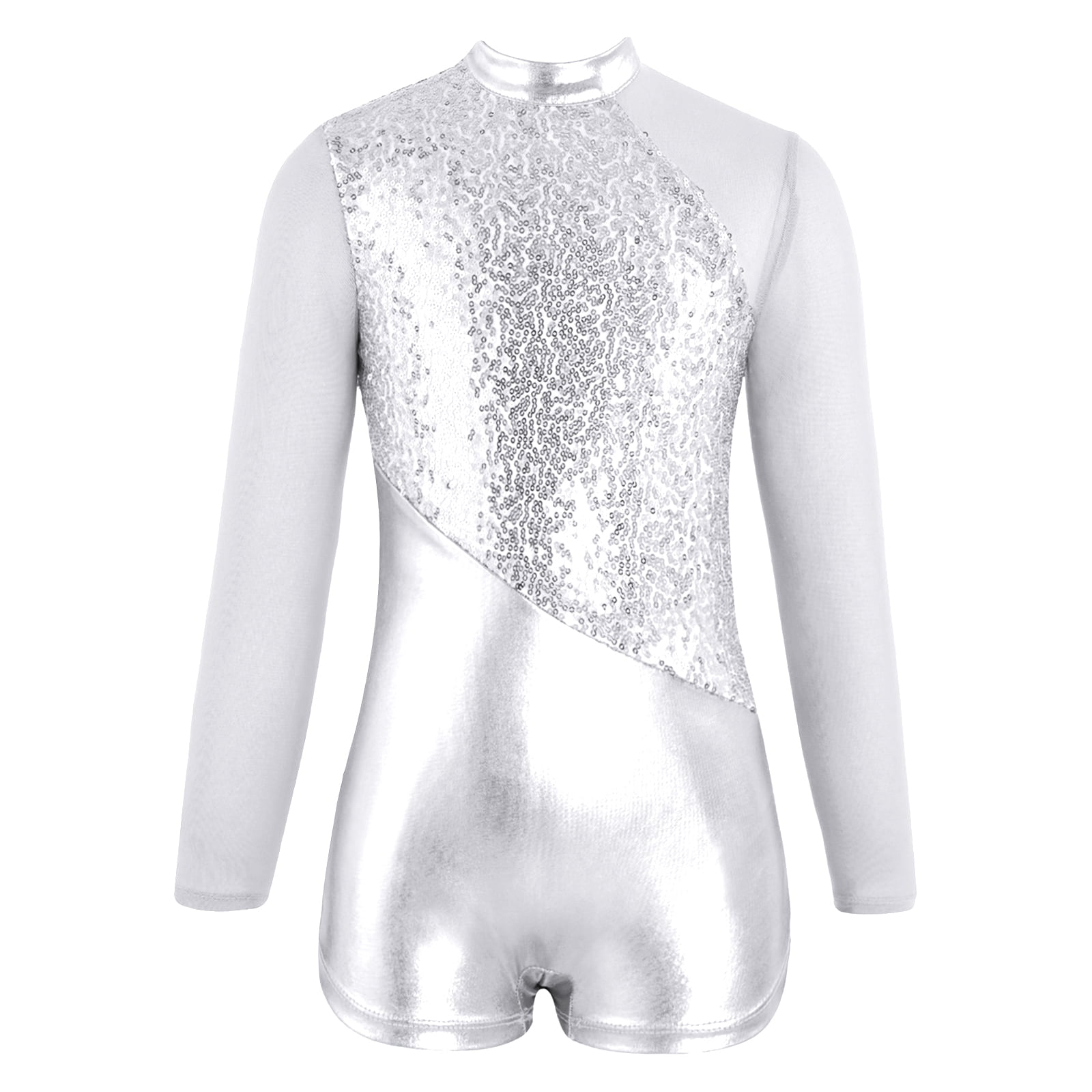 Alvivi Girls Shiny Metallic Gymnastic Ballet Leotard Long Sleeve Mesh ...
