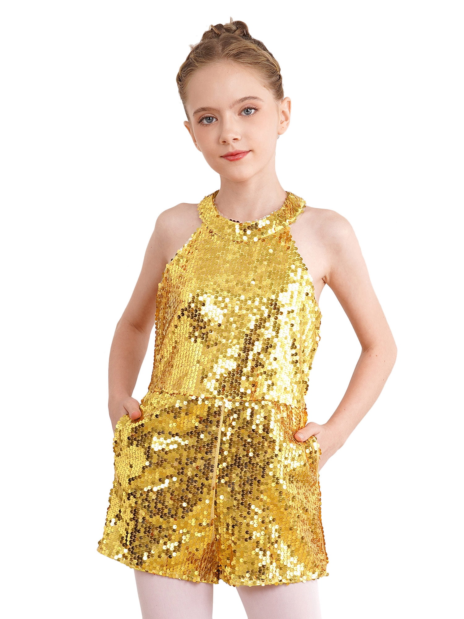 Alvivi Girls Shiny Sequin Dance Leotard Halter Neck Pageant Birthday ...