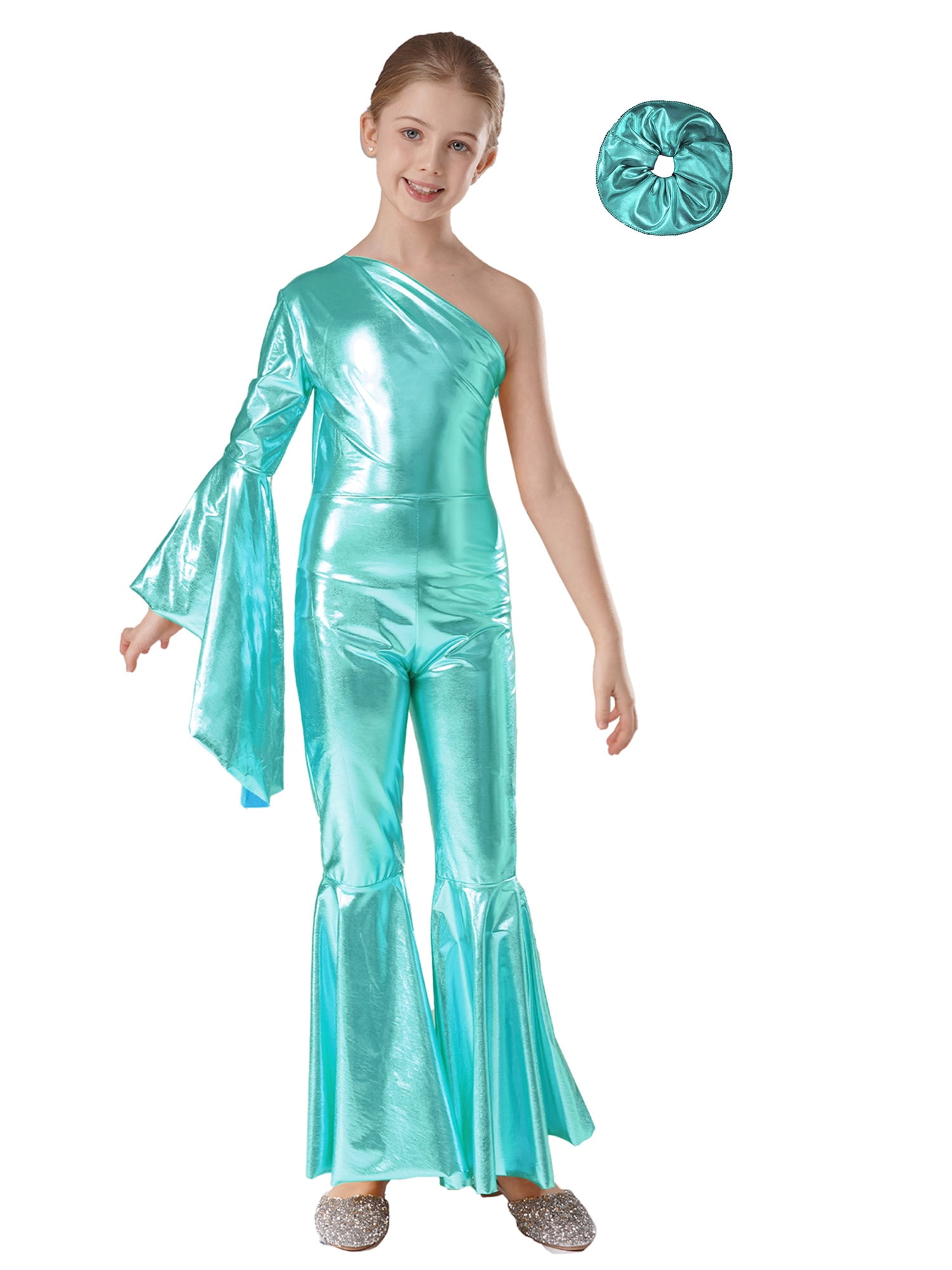 Alvivi Girls Shiny Sequin Dance Romper Leotard Flare Bell Bottom One ...