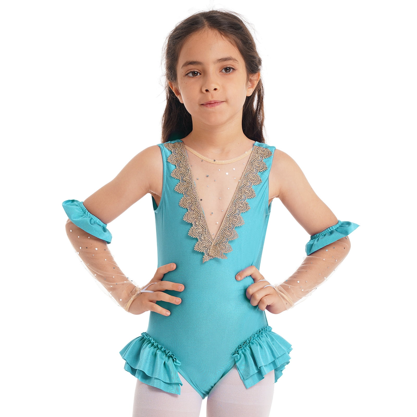 Alvivi Girls Showman Costume Halloween V-Shape Leotard with Arm Sleeves ...