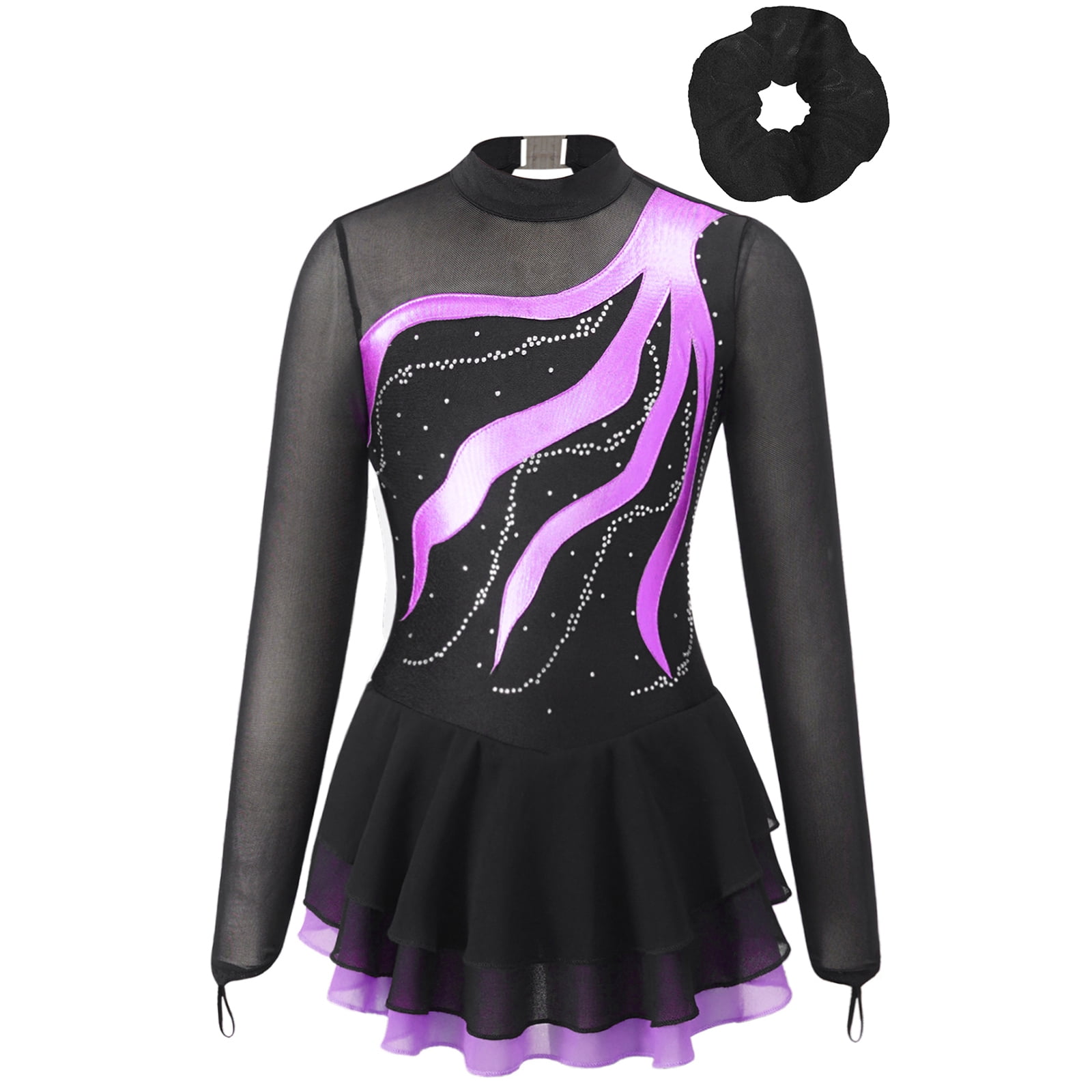 Alvivi Girls Sparkly Figure Skating Dance Dress Long Sleeve Tutu ...