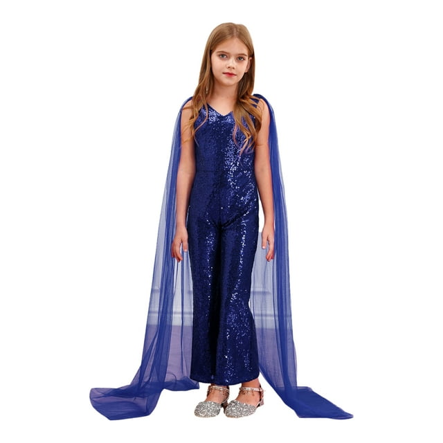 Alvivi Kids Flower Girl Shiny Sequins Jumpsuit Wide Leg Pants Cape ...