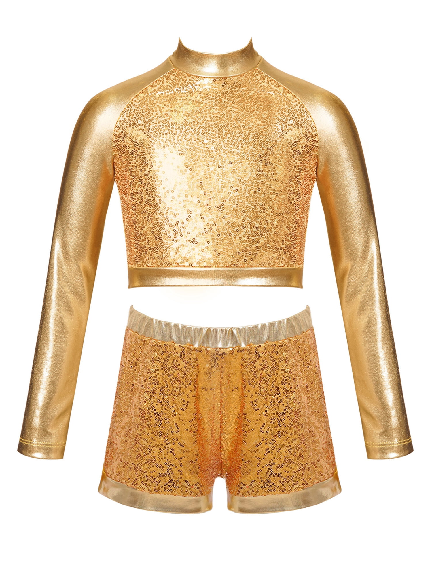 Alvivi Kids Girls 2 Piece Hip-Hop Dance Outfit Long Sleeve Metallic ...