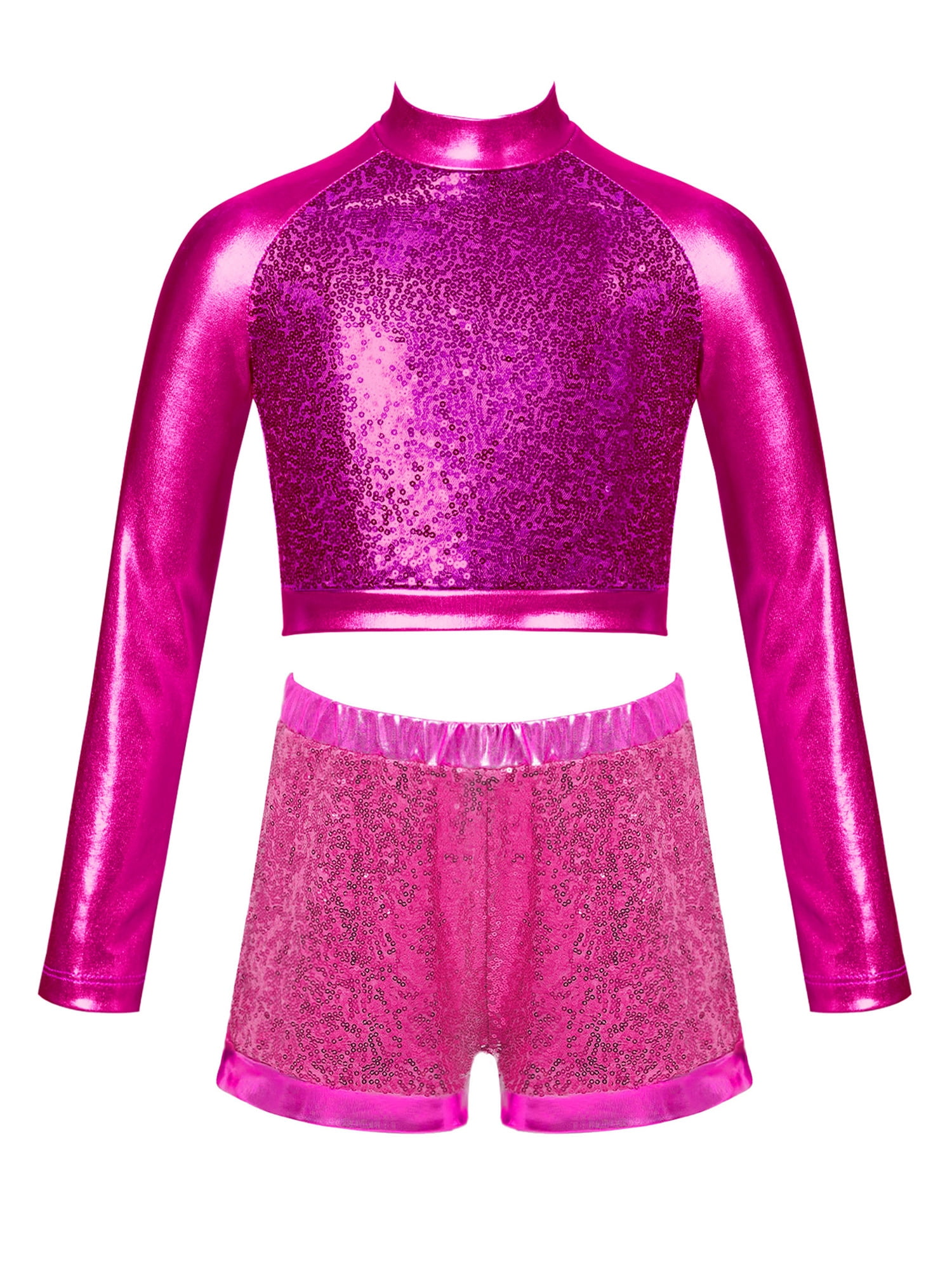 Alvivi Kids Girls 2 Piece Hip-Hop Dance Outfit Long Sleeve Metallic ...