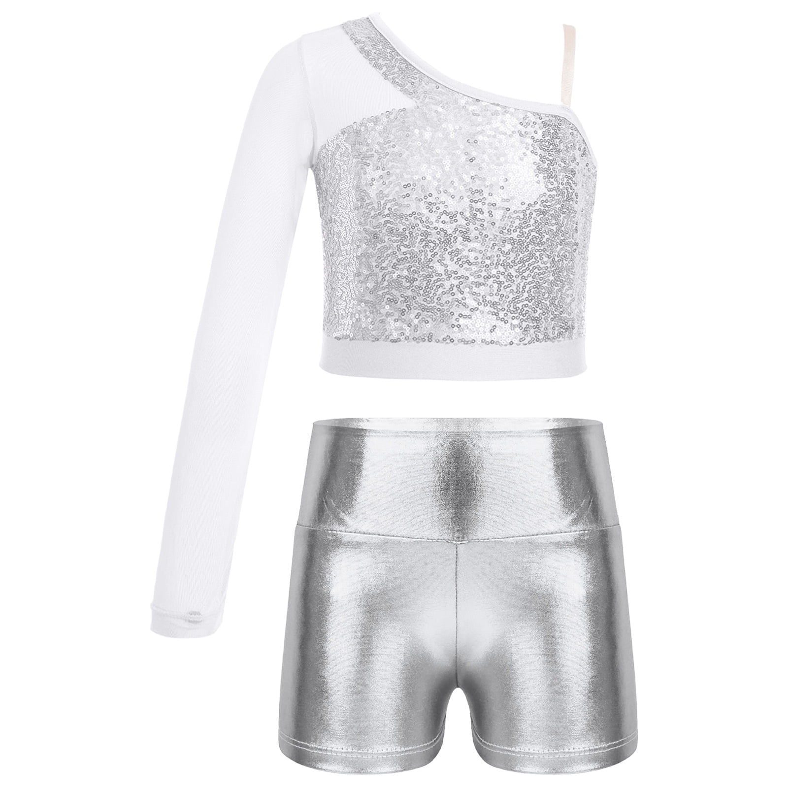 Alvivi Kids Girls Ballet Dance Outfits Shiny Metallic Crop Top with ...