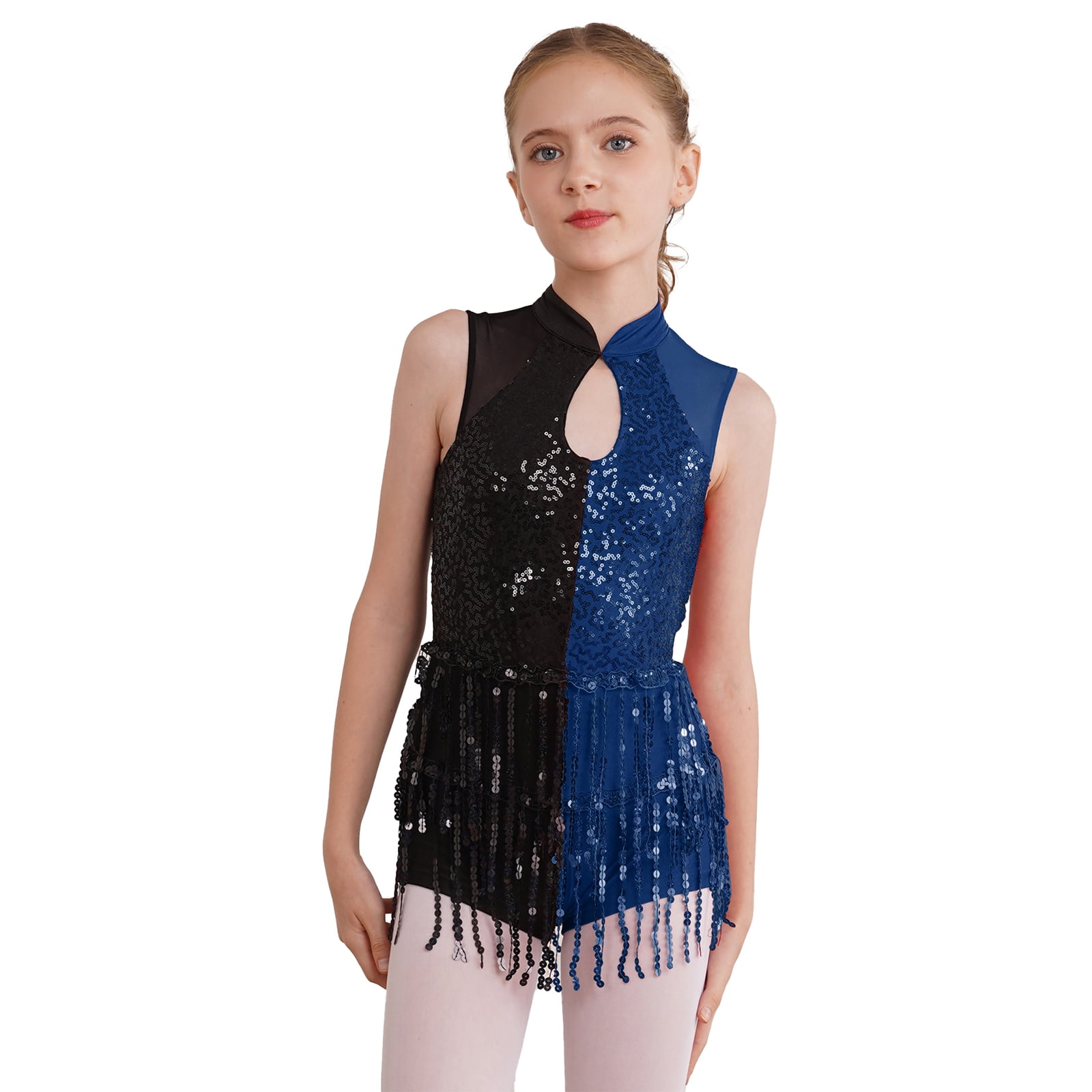 Alvivi Kids Girls Color Block Sequins Tassels Fringed Leotard Dress ...