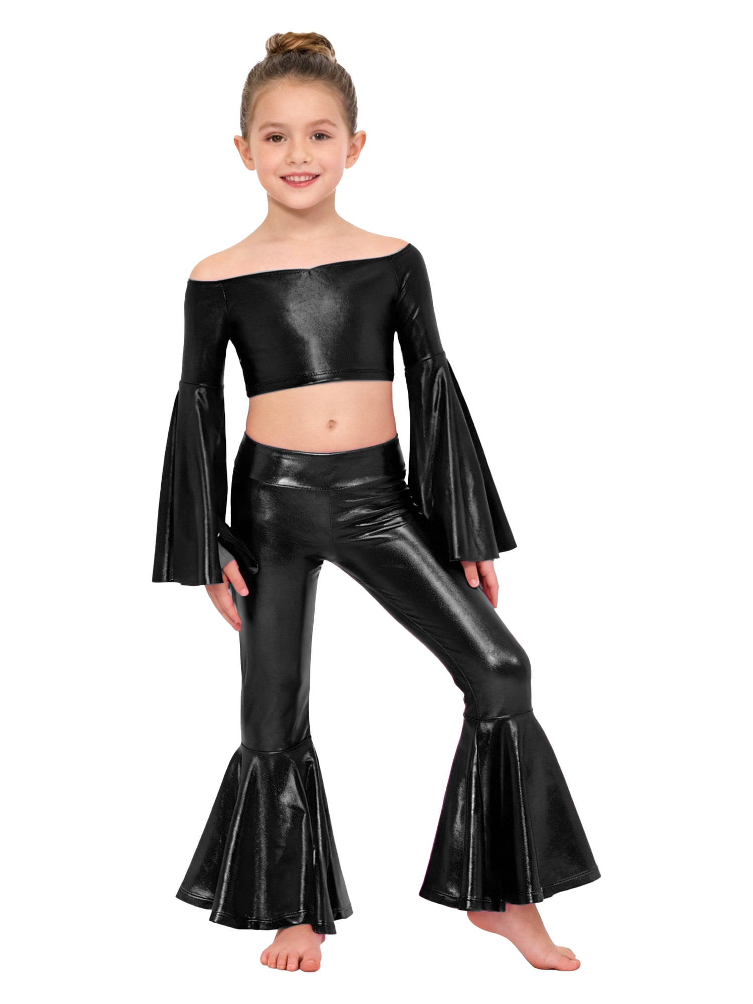 Alvivi Kids Girls Dance Sports Outfit Sequins Off-Shoulder Crop Top ...