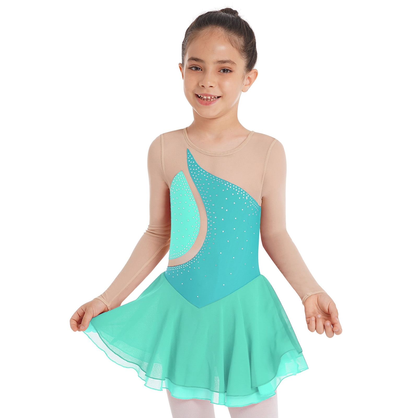 Alvivi Kids Girls Figure Ice Skating Leotard Dress Mesh Splice Dance ...