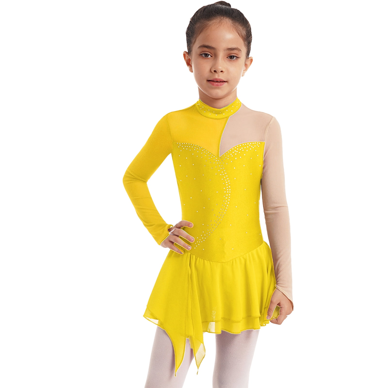 Alvivi Kids Girls Mesh Spliced Figure Ice Skating Dress Ballerina ...