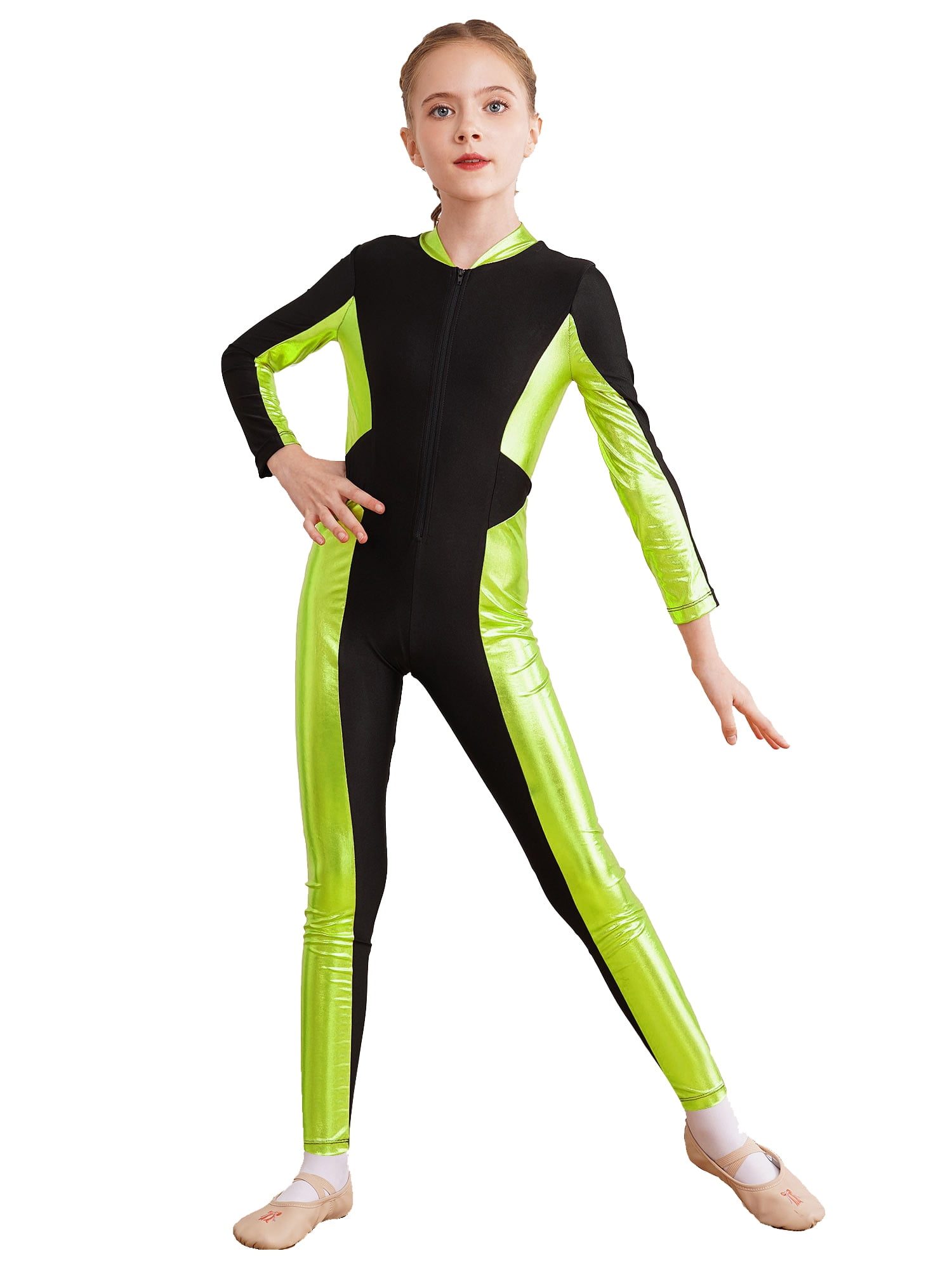 Alvivi Kids Girls Metallic Color Block Jumpsuit Long Sleeve Zipper ...