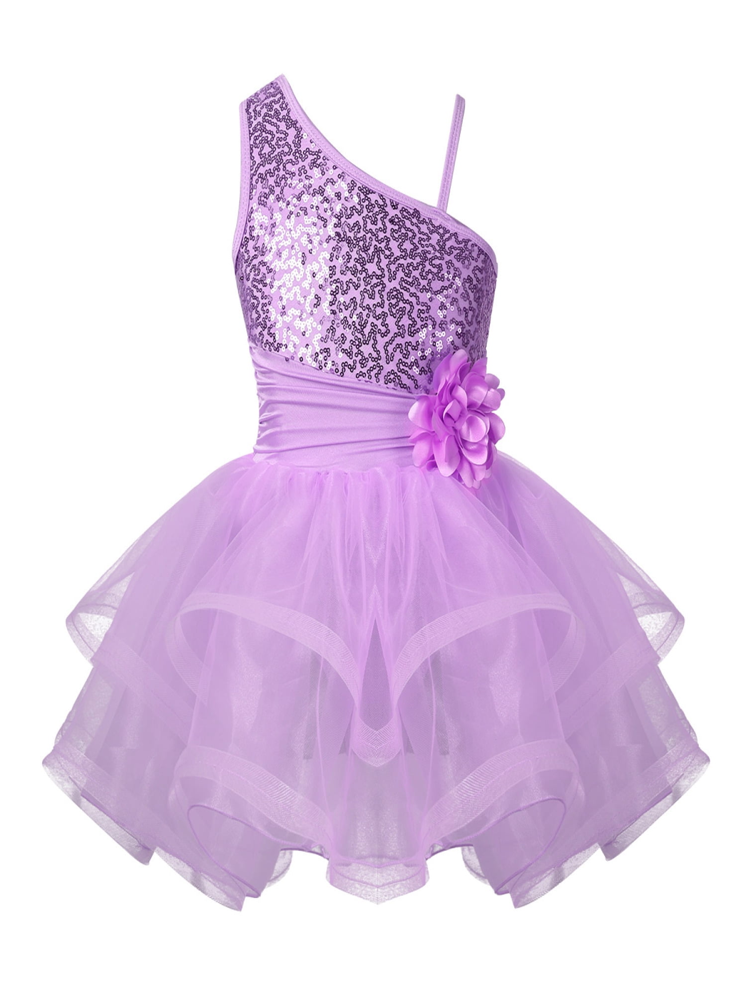 Alvivi Kids Girls One-Shoulder Ballet Dance Dress Sequins Flower ...