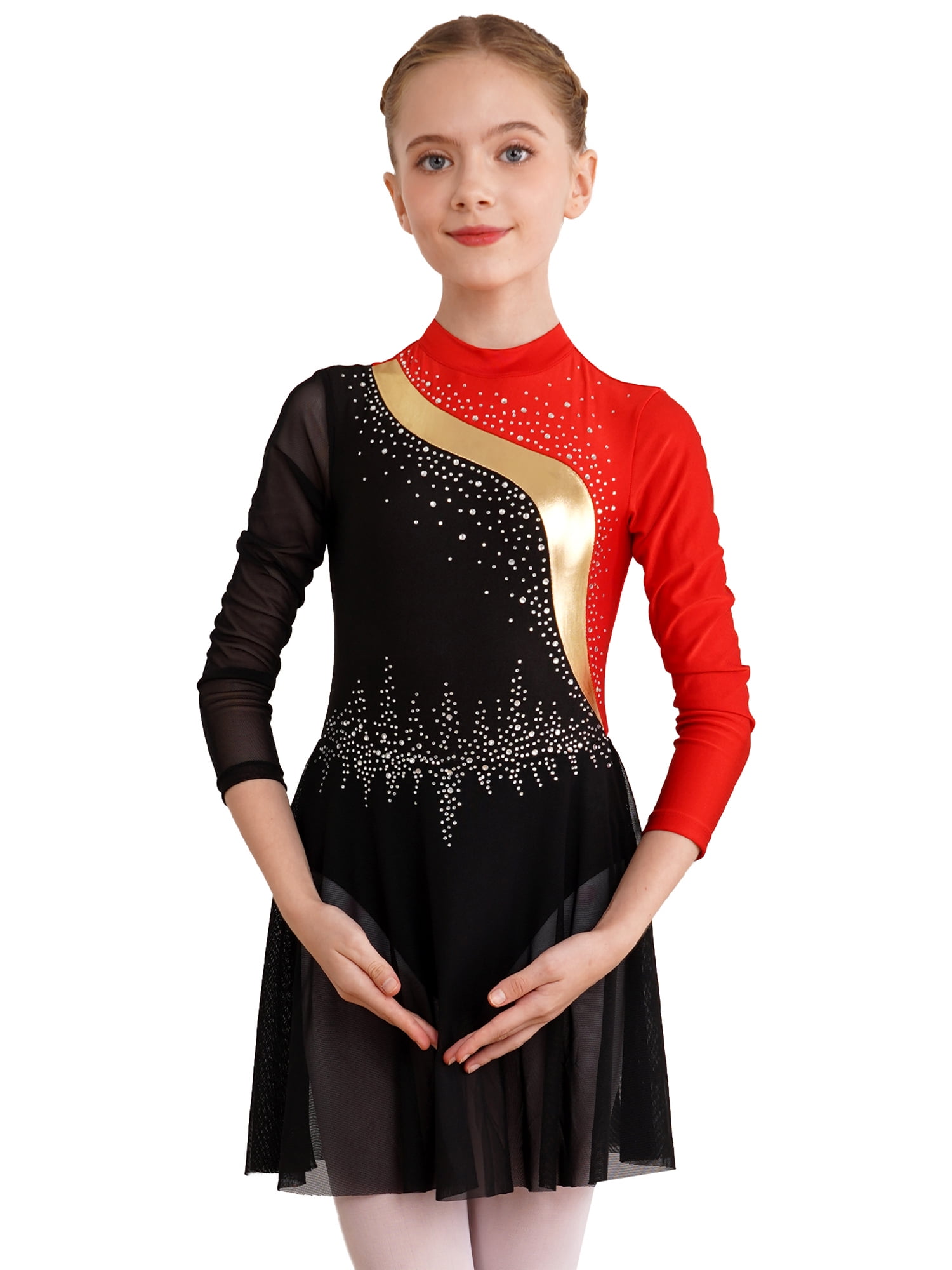 Alvivi Kids Girls Rhinestone Mesh Splice Figure Ice Skating Dress ...