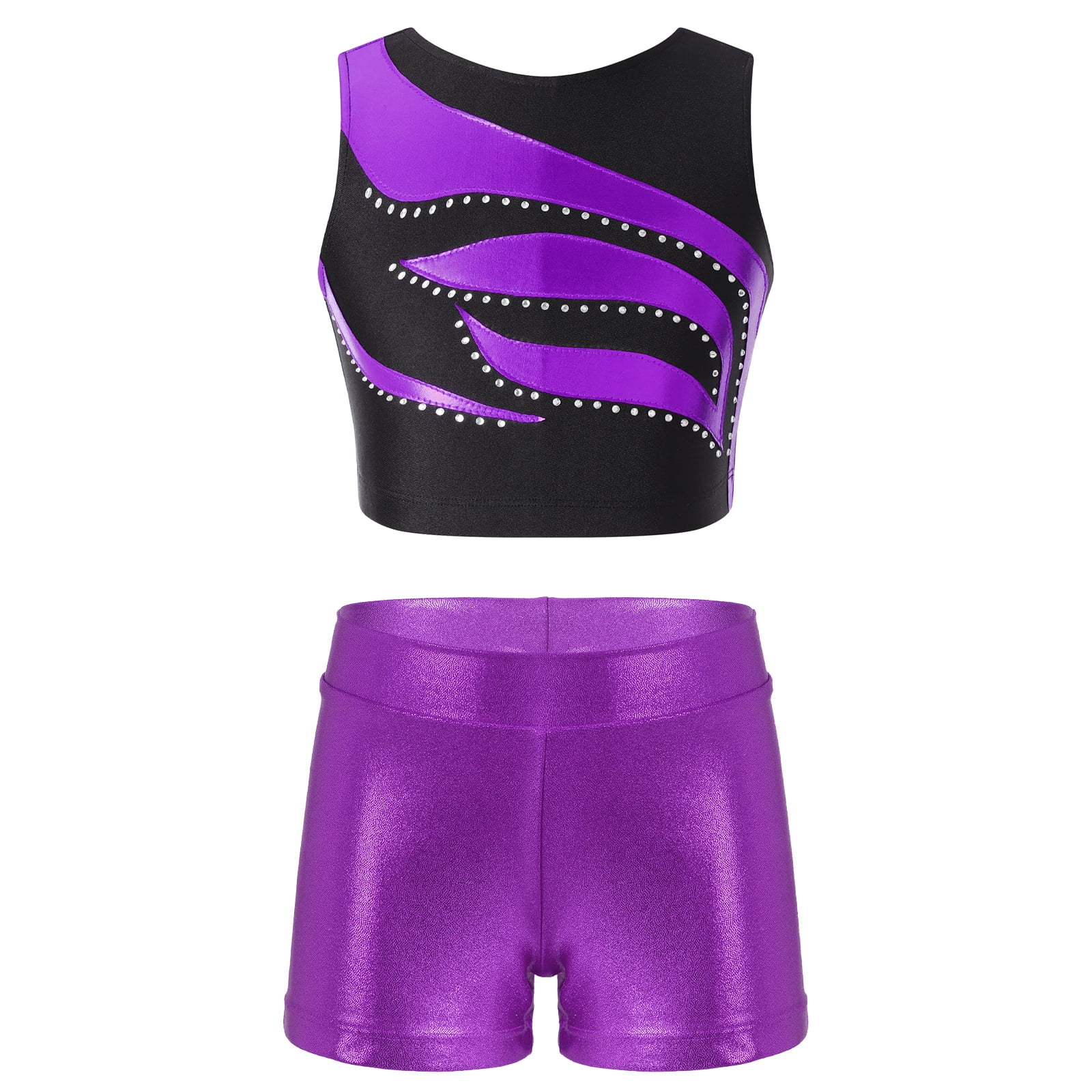 Alvivi Kids Girls Rhinestone Tracksuit Activewear Gymnastics Dance Crop ...