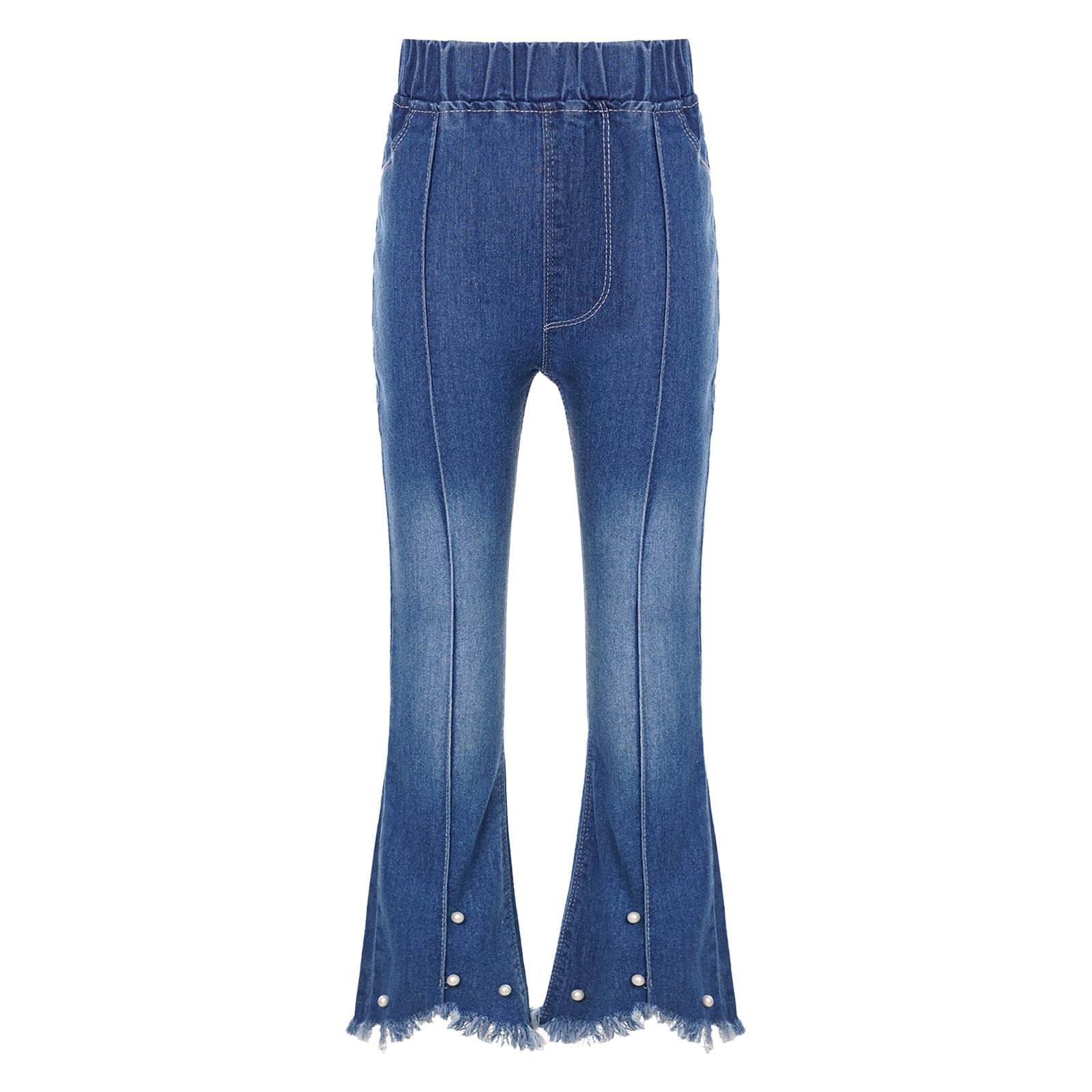 Alvivi Kids Girls Ruffle Flare Raw Hem Denim Pants High Waisted Bell ...