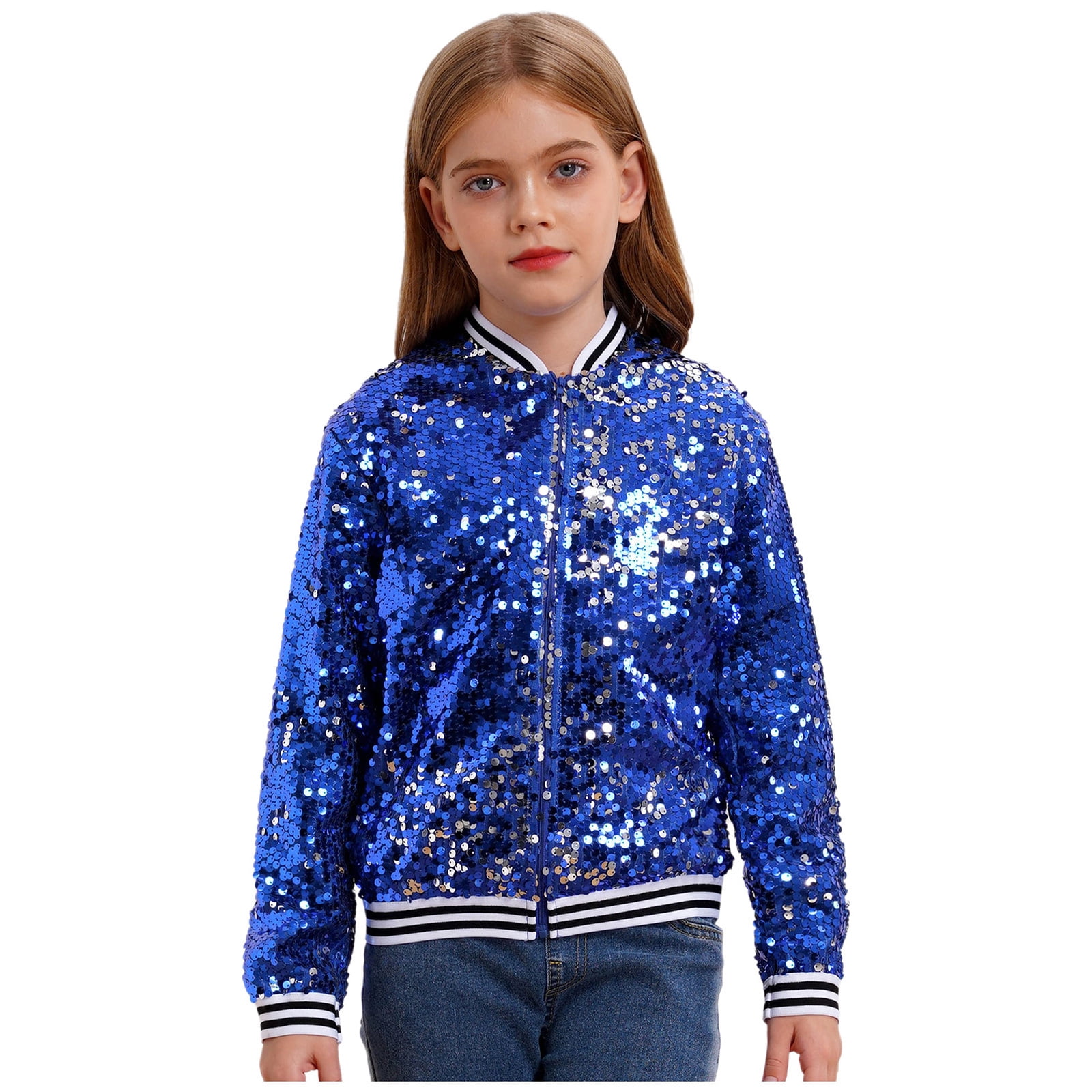 Alvivi Kids Girls Sequin Baseball Bomber Jacket Coat Sparkly Long Sleeve Zipper Blazer Jackets ...