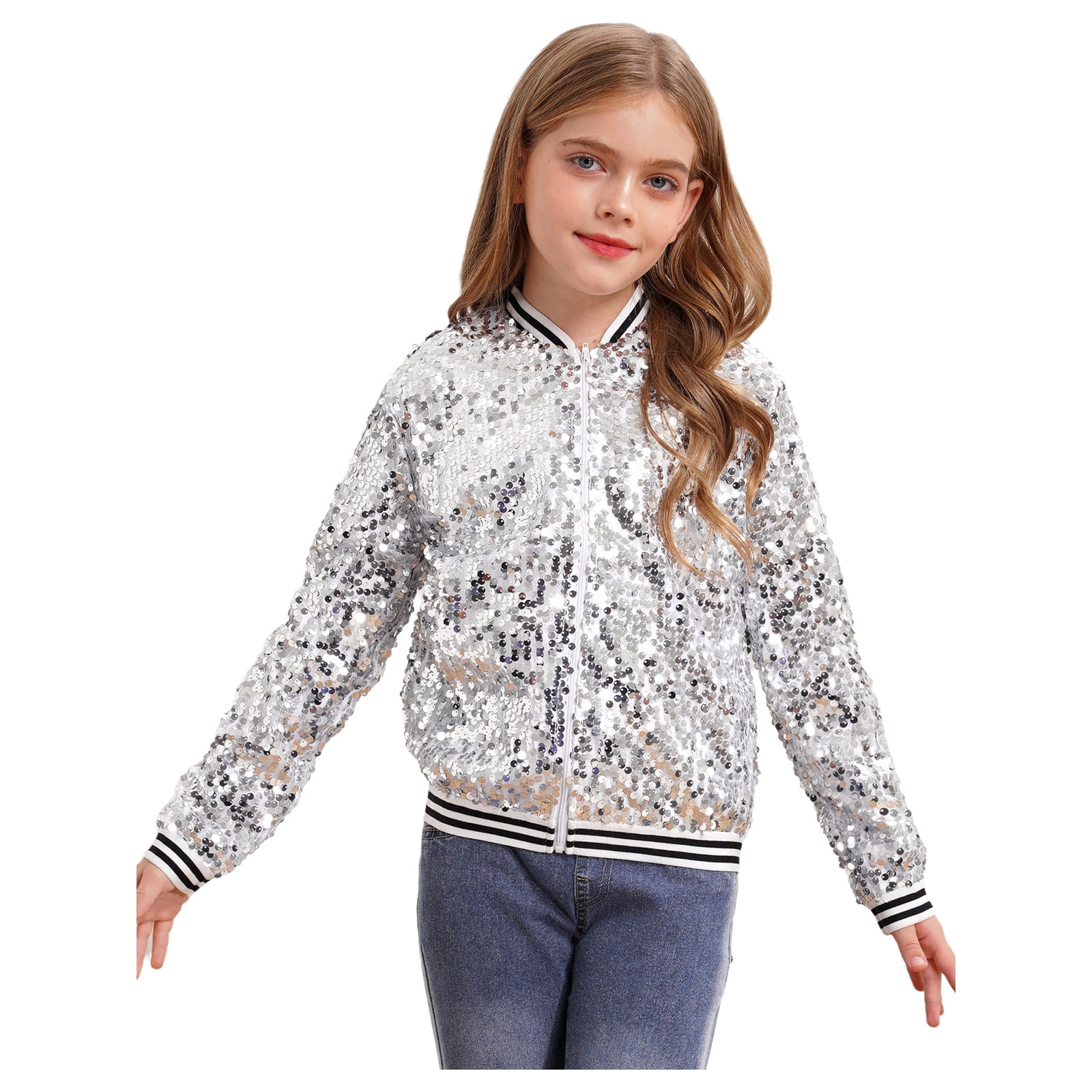 Alvivi Kids Girls Sequin Baseball Bomber Jacket Coat Sparkly Long Sleeve Zipper Blazer Jackets ...