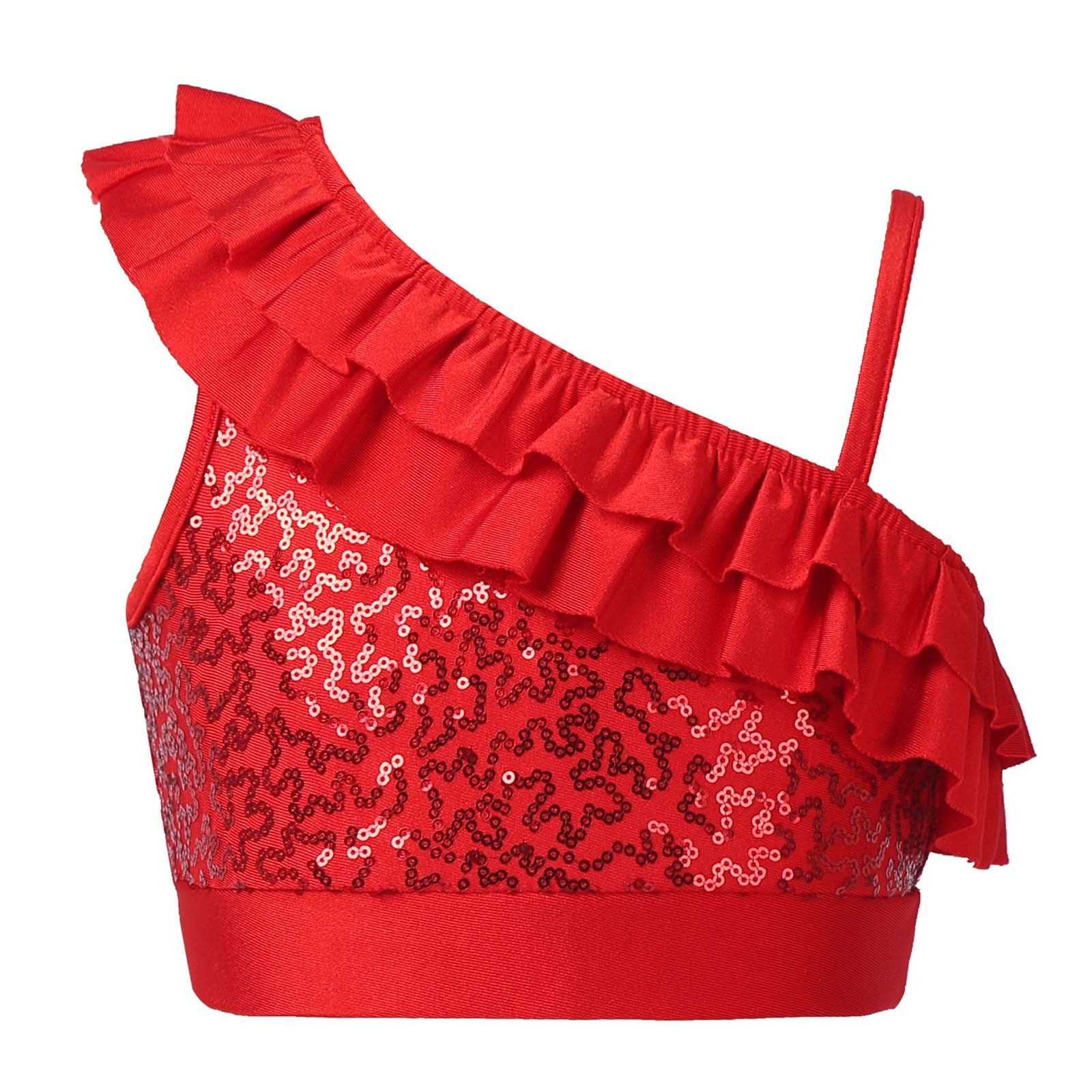 Alvivi Kids Girls Sequin Ruffled One Shoulder Ballet Dance Crop Tops ...