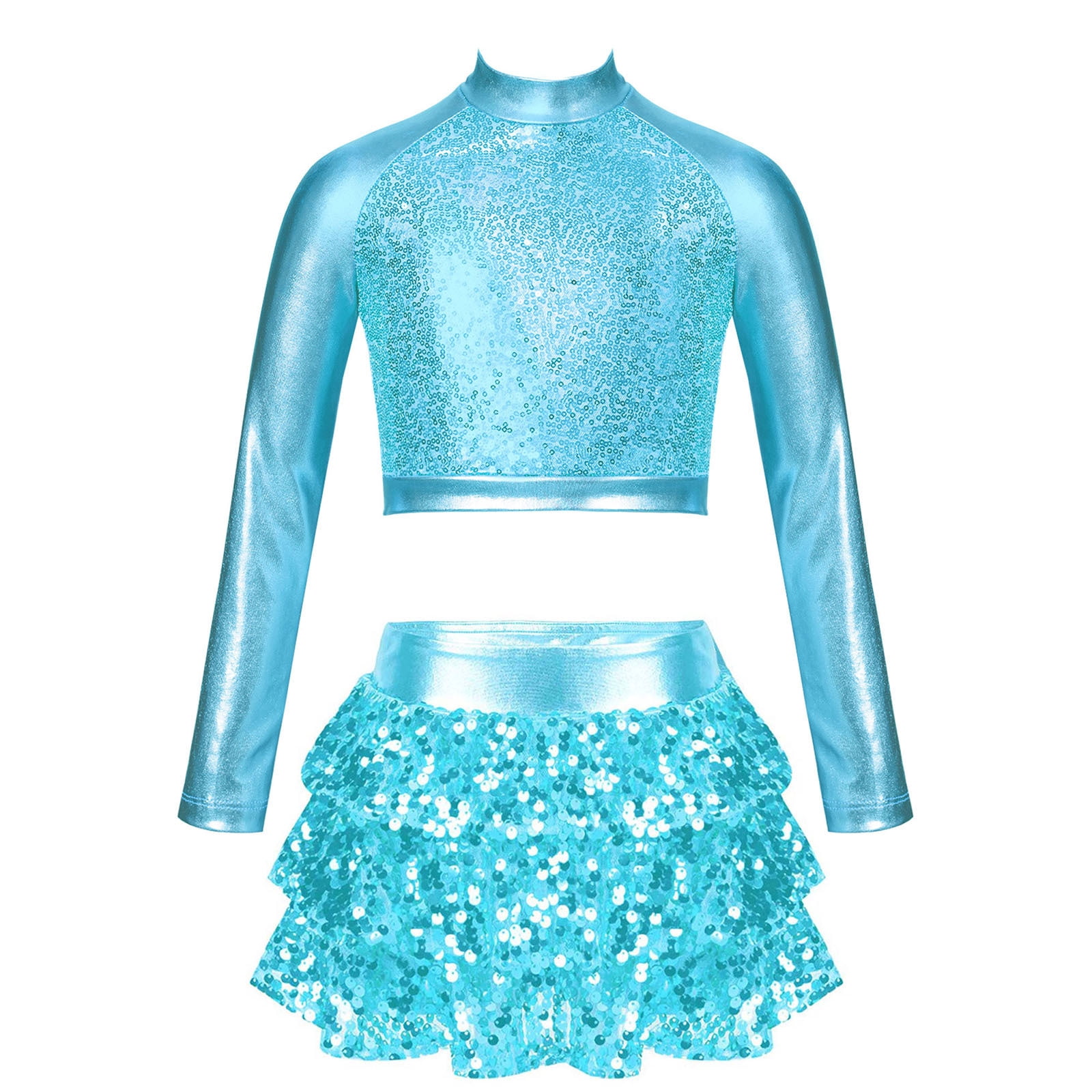 Alvivi Kids Girls Sequins Long Sleeve Crop Top with Culottes Jazz Hip ...