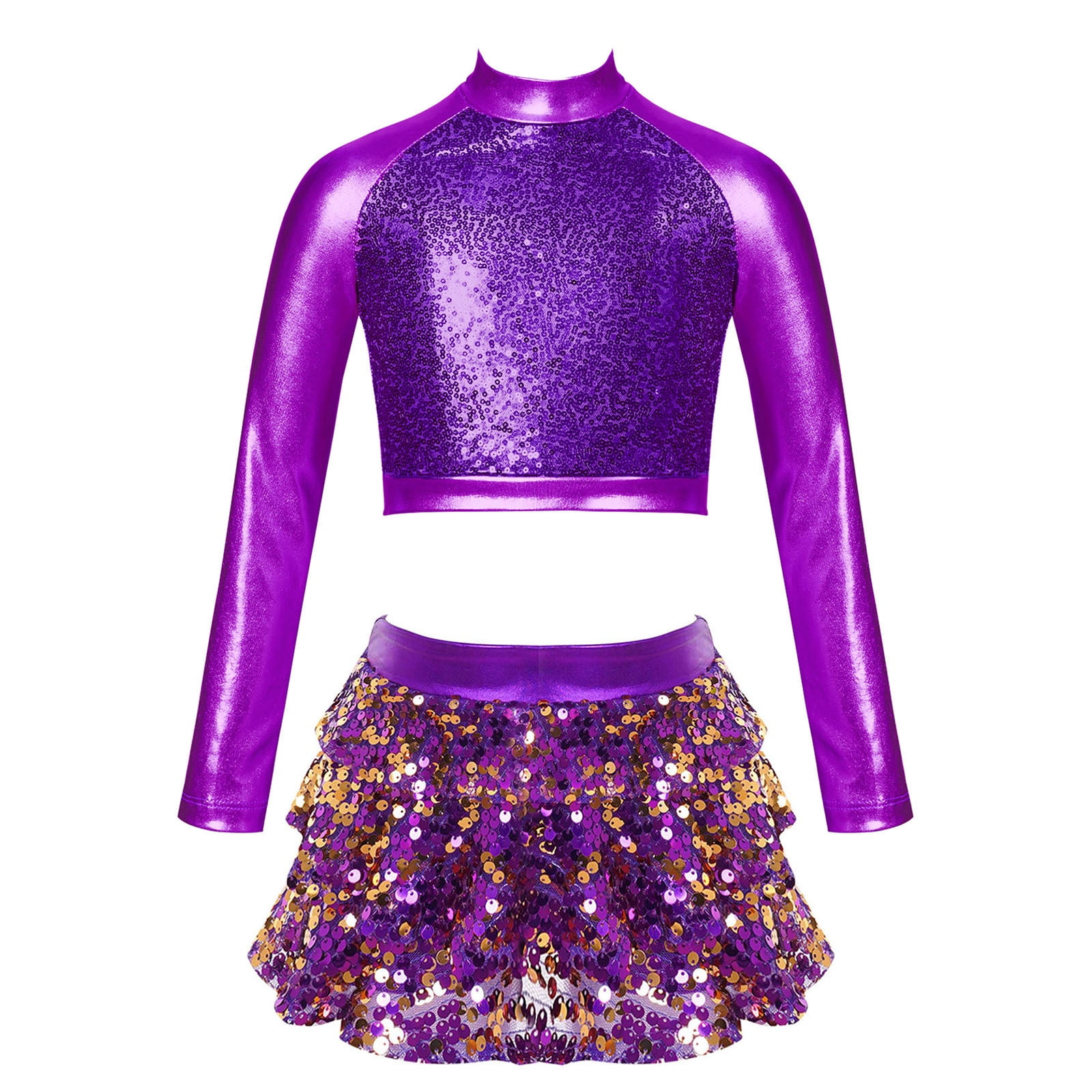 Alvivi Kids Girls Sequins Long Sleeve Crop Top with Culottes Jazz Hip ...
