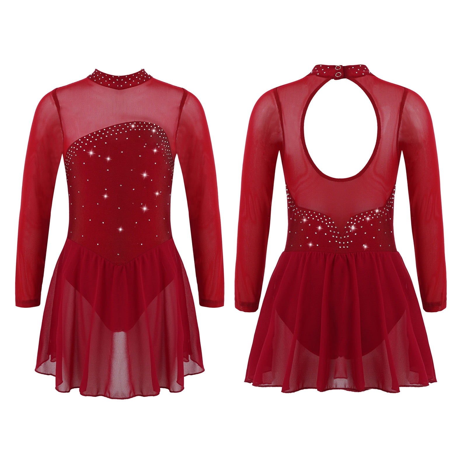 Alvivi Kids Girls Sheer Mesh Long Sleeves Figure Ice Skating Leotard ...