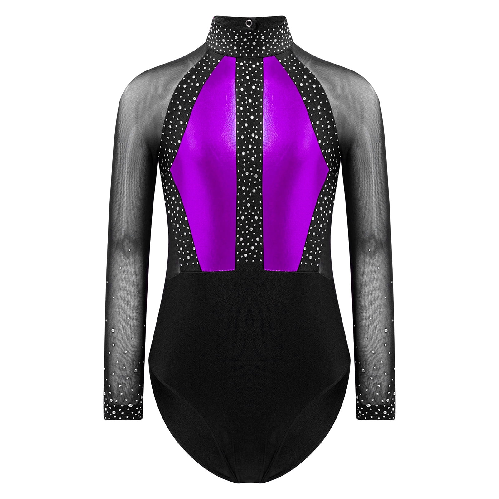 Alvivi Kids Girls Shiny Color Block Long Sleeve Gymnastic Ballet Dance ...