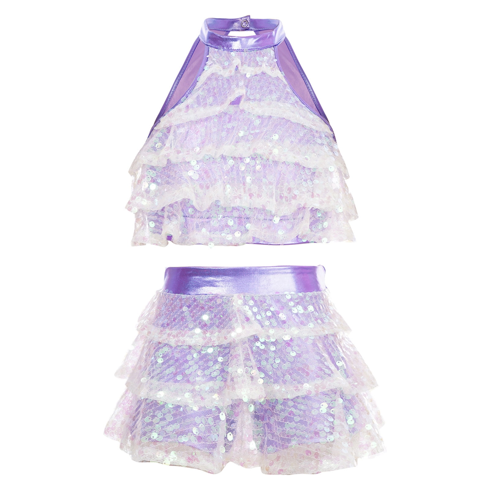 Alvivi Kids Girls Shiny Sequin Halter Neck Crop Tops wirh Skirt Set for ...