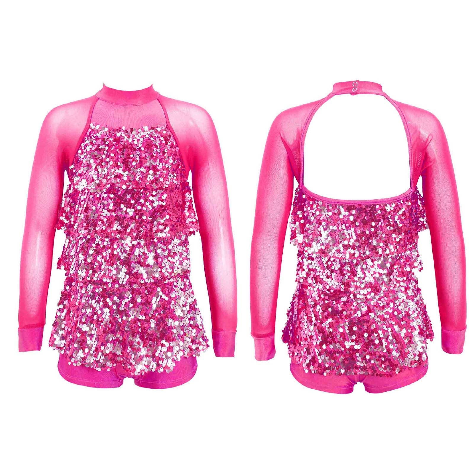 Alvivi Kids Girls Shiny Sequins Leotard Dress Tiered Tassel Hip-Hop ...