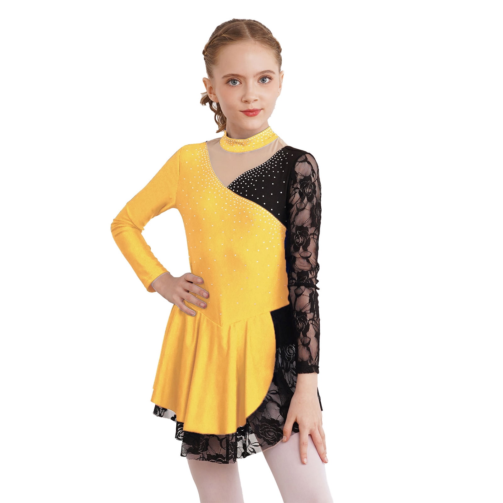 Alvivi Kids Girls Sparkly Rhinestones Lace Splice Figure Ice Skating ...