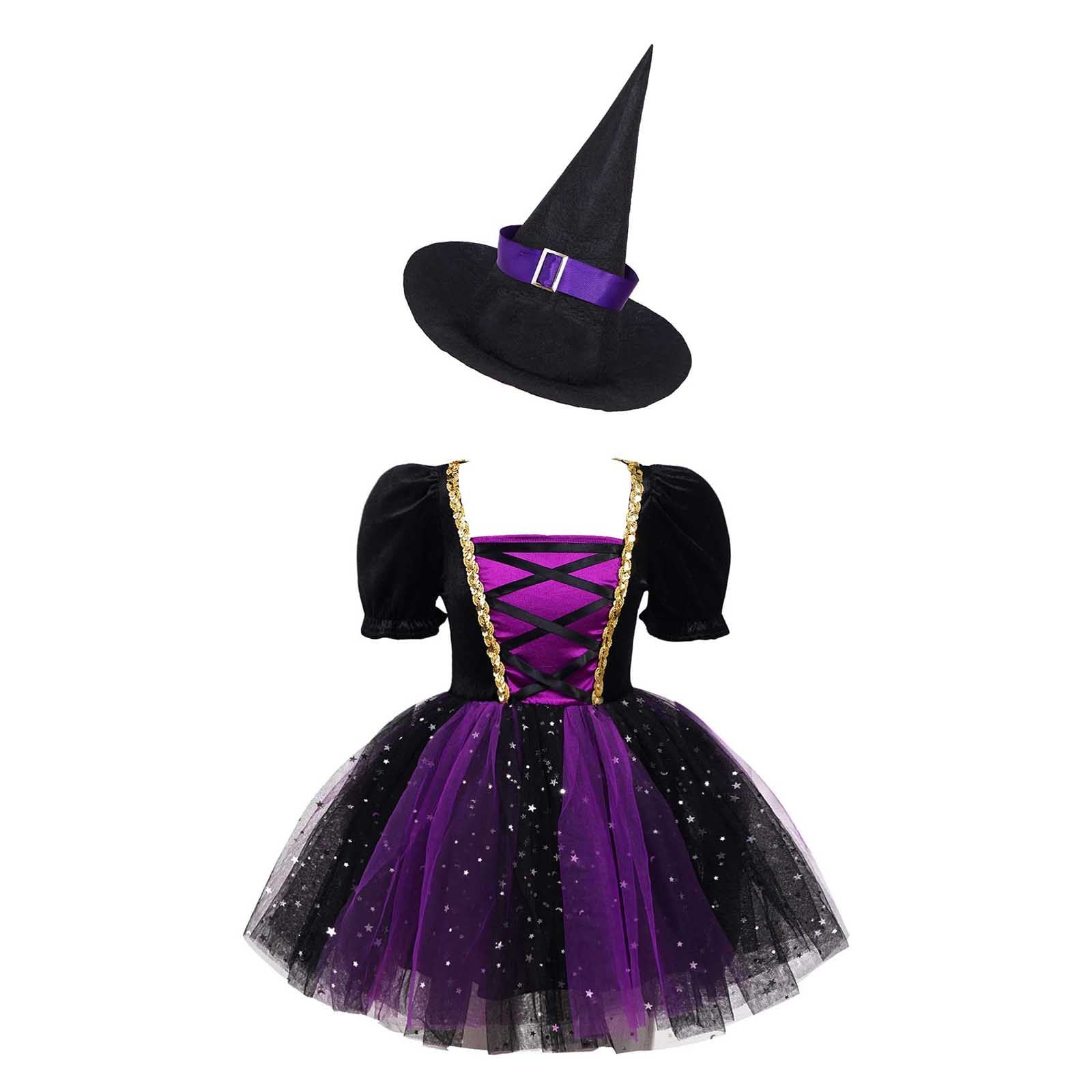 Alvivi Kids Girls Witch Halloween Cosplay Costume Puff Sleeves Mesh ...