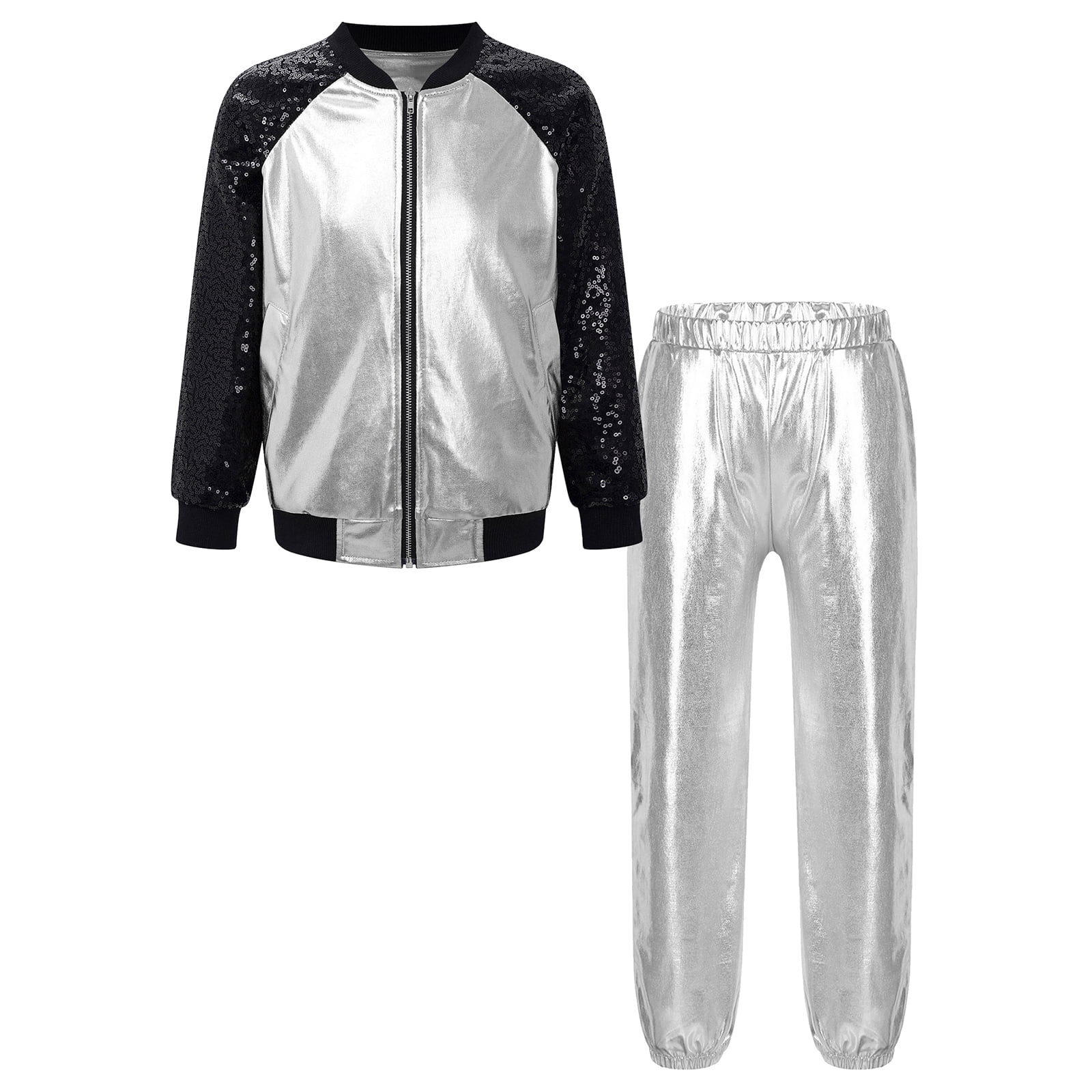 Alvivi Kids Hip-hop Jazz Costume Shiny Metallic Bomber Jacket and Pants ...