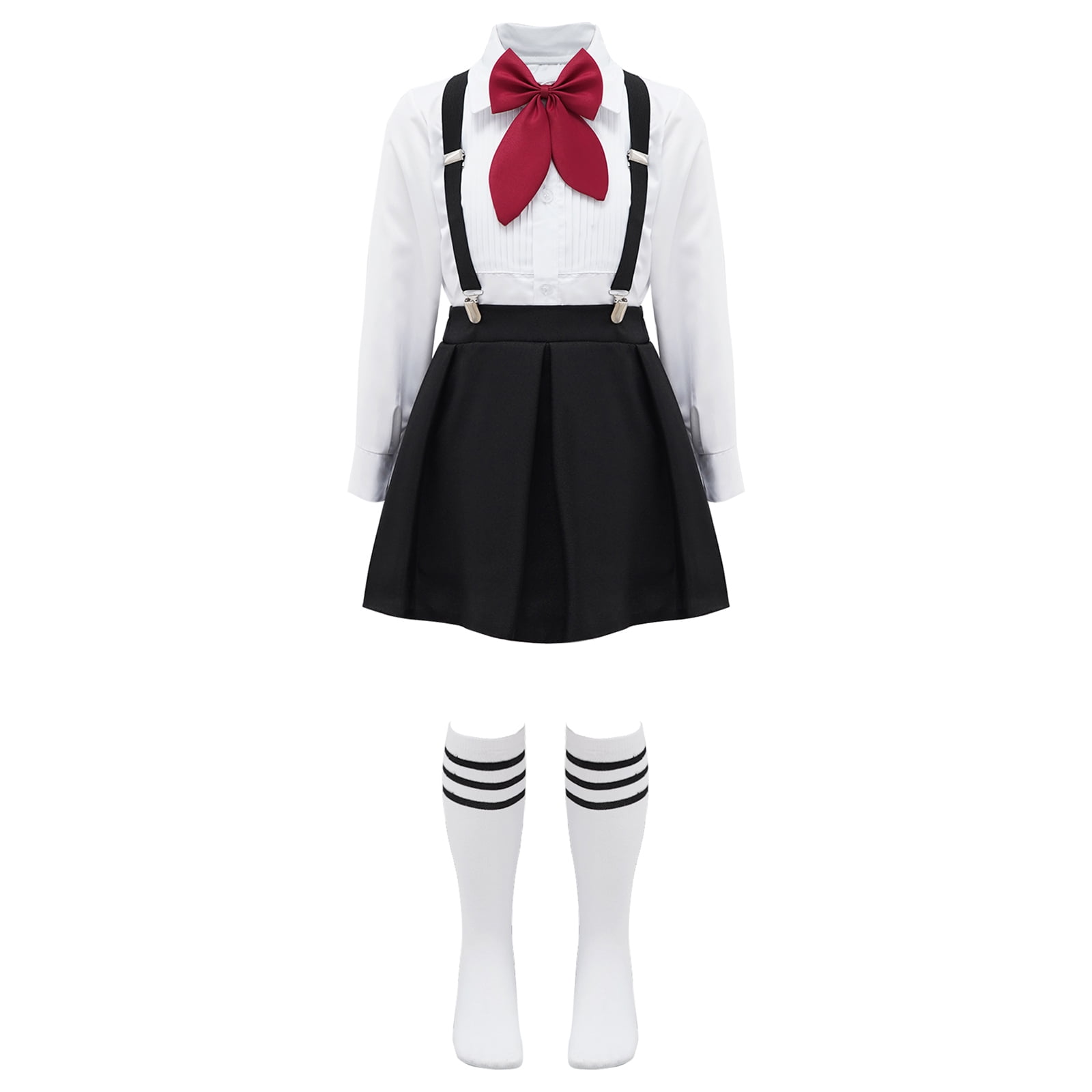 Alvivi Kids Schoolgirls Uniform Outfits Shirt Tops with Suspender Skirt ...