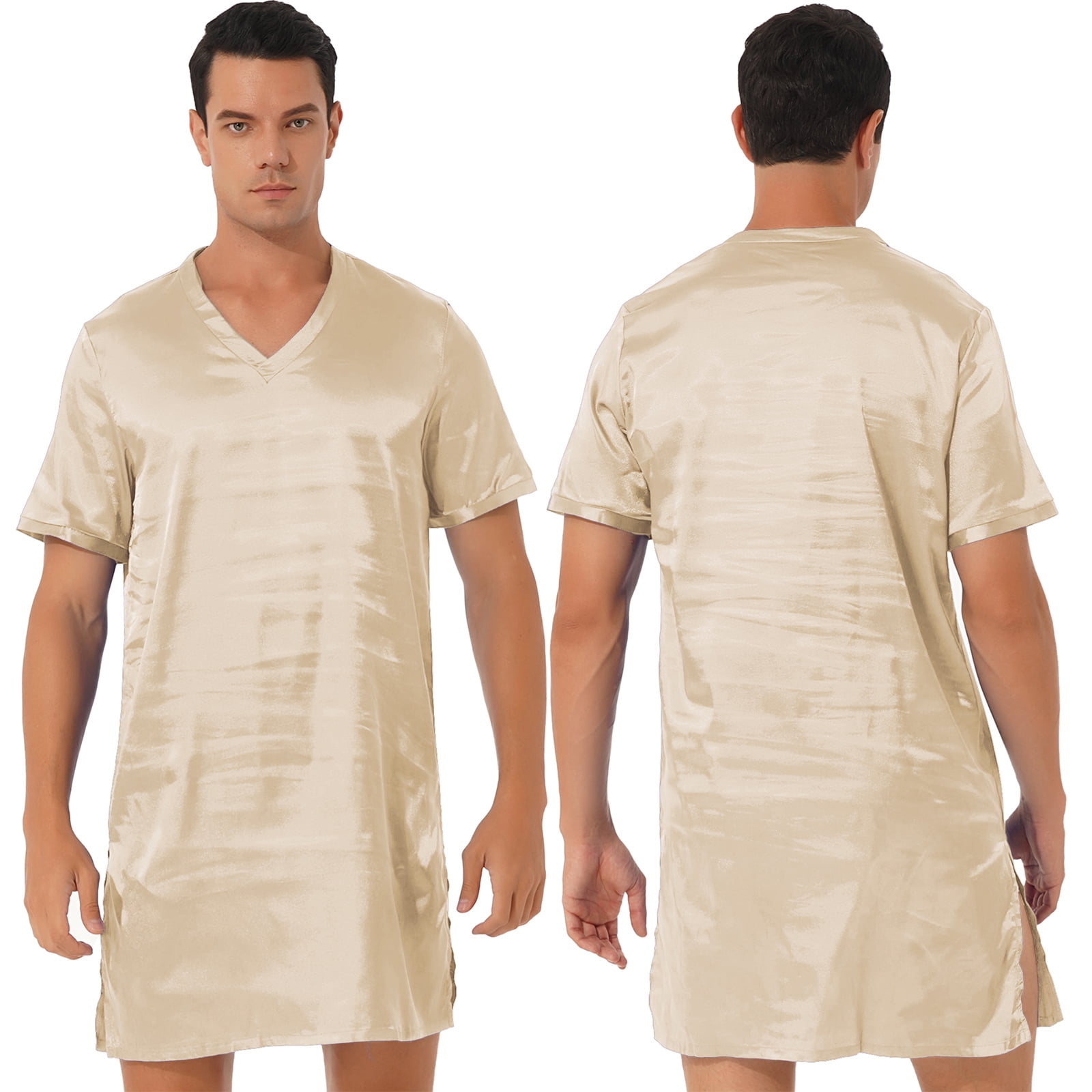 Alvivi Men Satin Nightgown V Neck Short Sleeve Sleepwear Solid ...